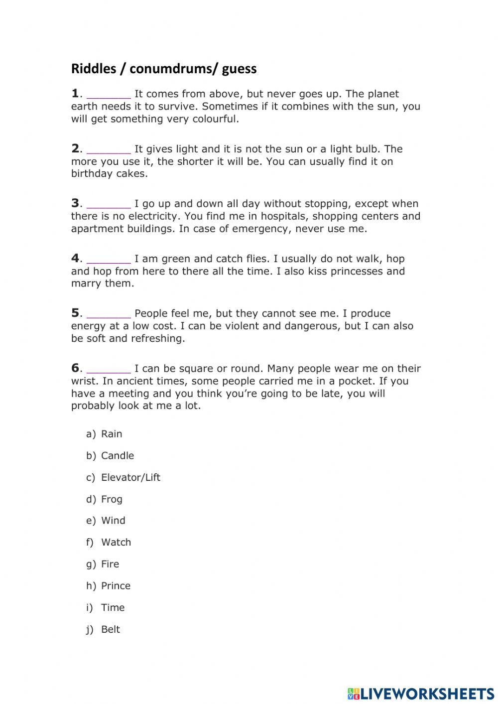 Riddles - conumdrums- guess worksheet | Live Worksheets
