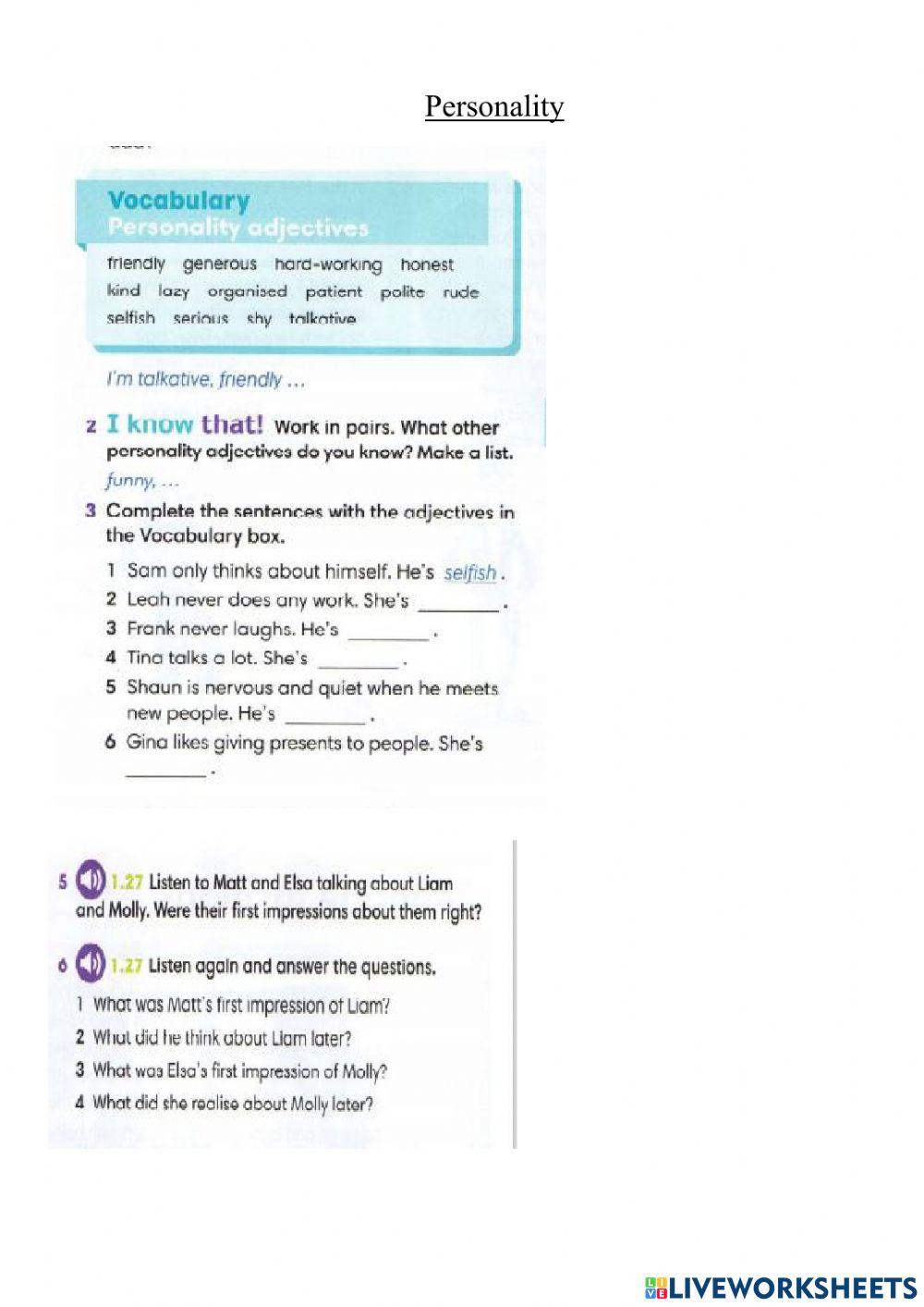 Pdf online exercise: Personality | Live Worksheets