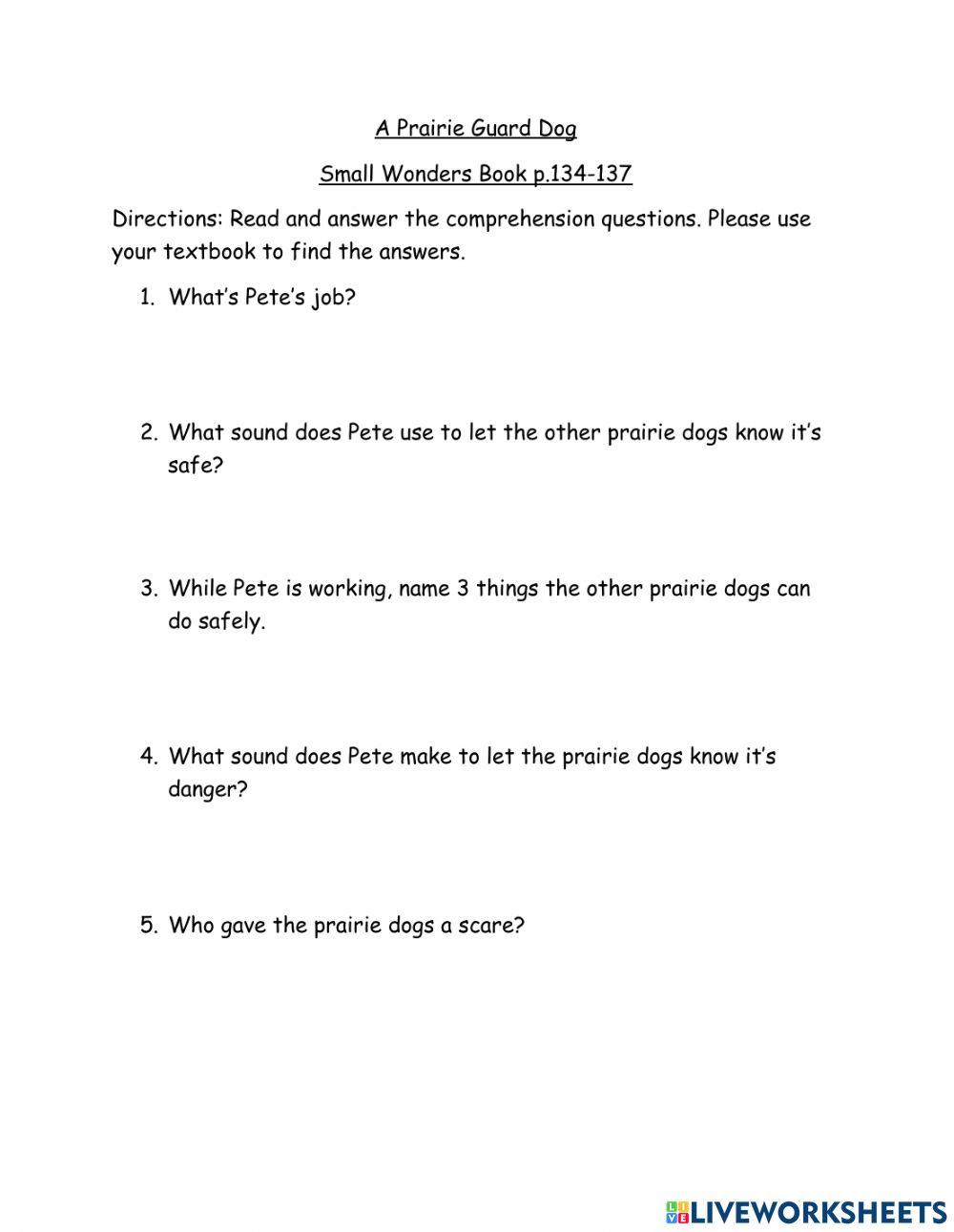 prairie guard dog part 1 comp questions online exercise for | Live ...