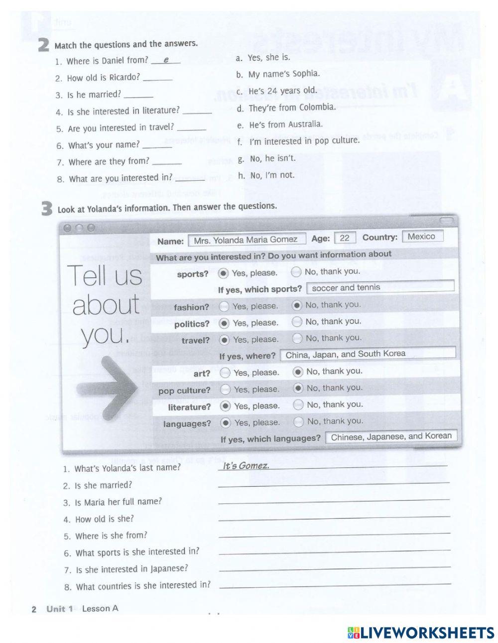 Level 2 Unit 1 Lesson A My interests online exercise for | Live Worksheets