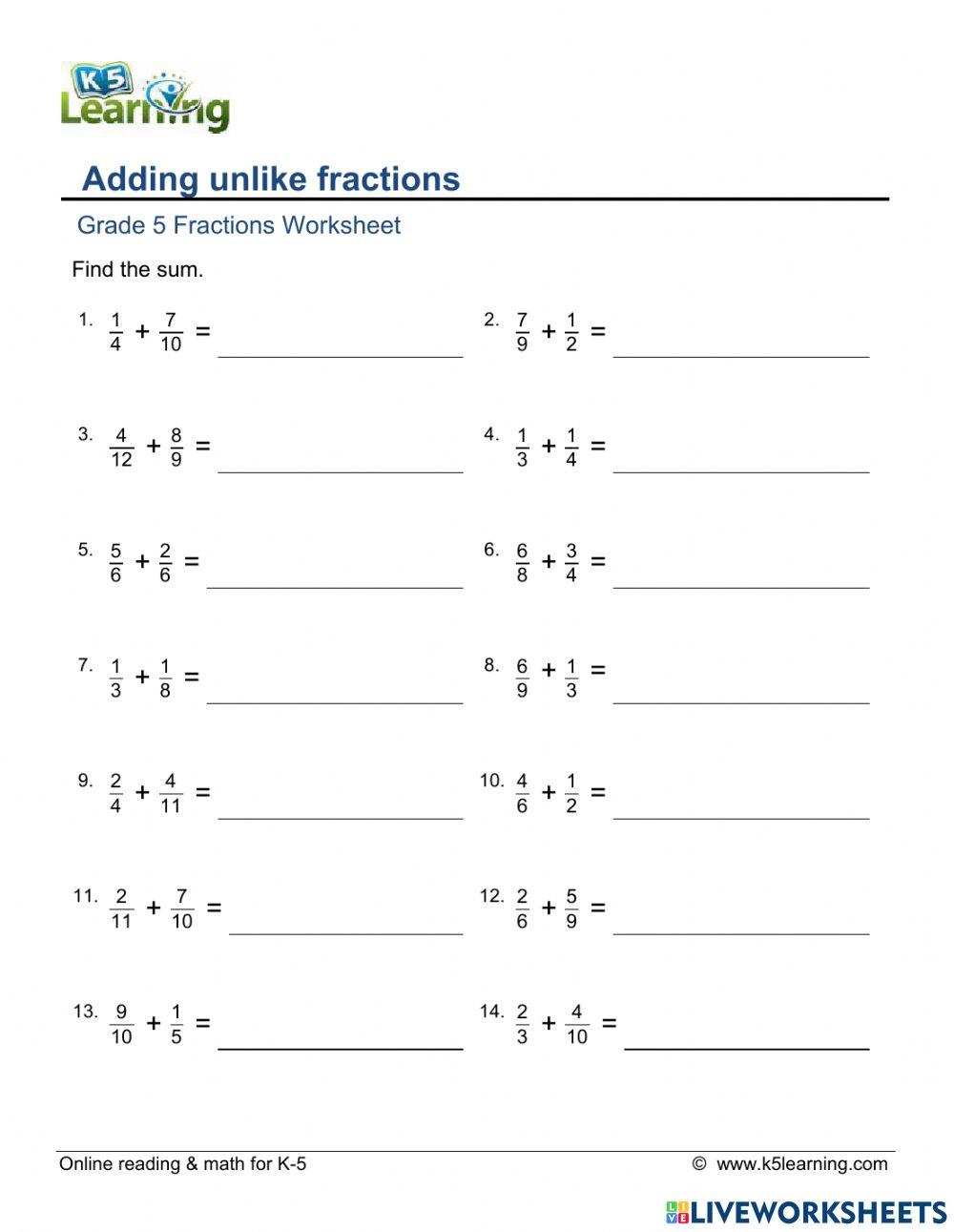 Adding Fractions with Unlike Denominators -3 online exercise for | Live ...