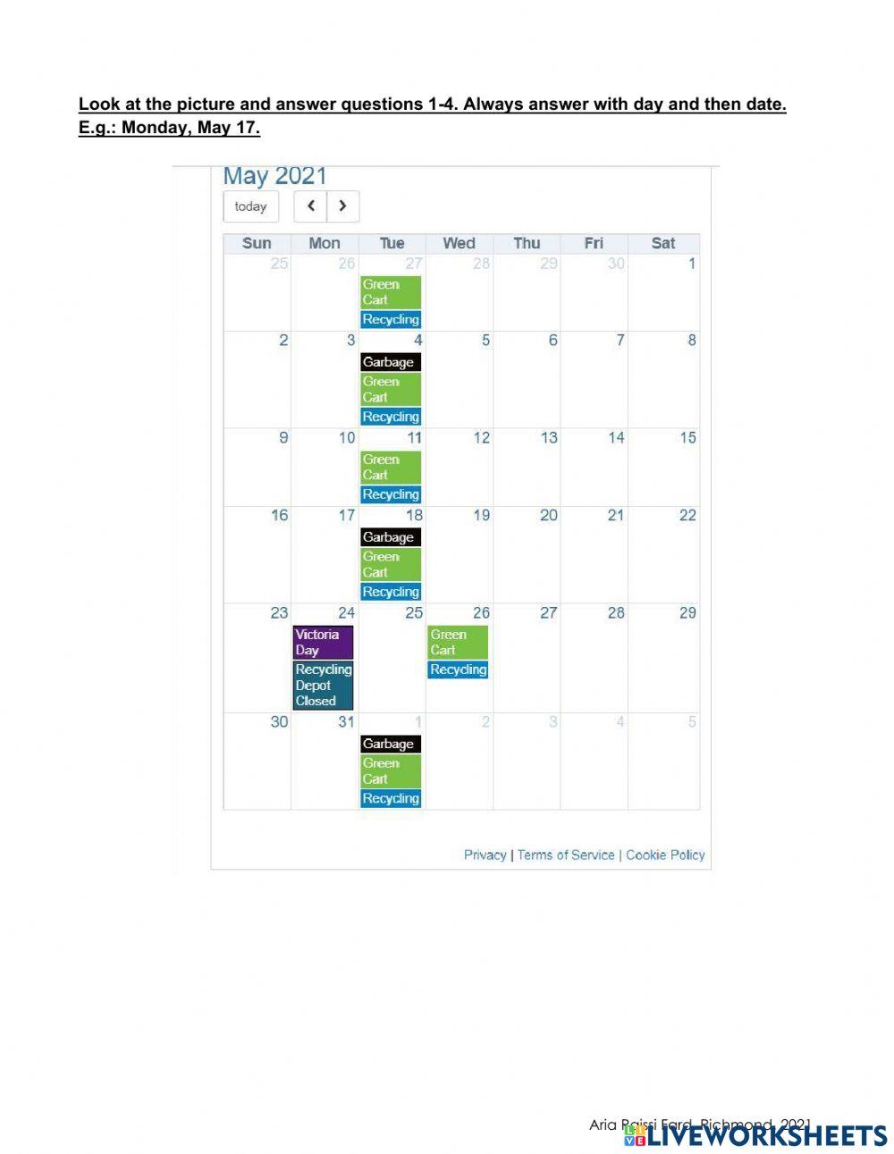 RII Read the Garbage Collection Schedule worksheet | Live Worksheets