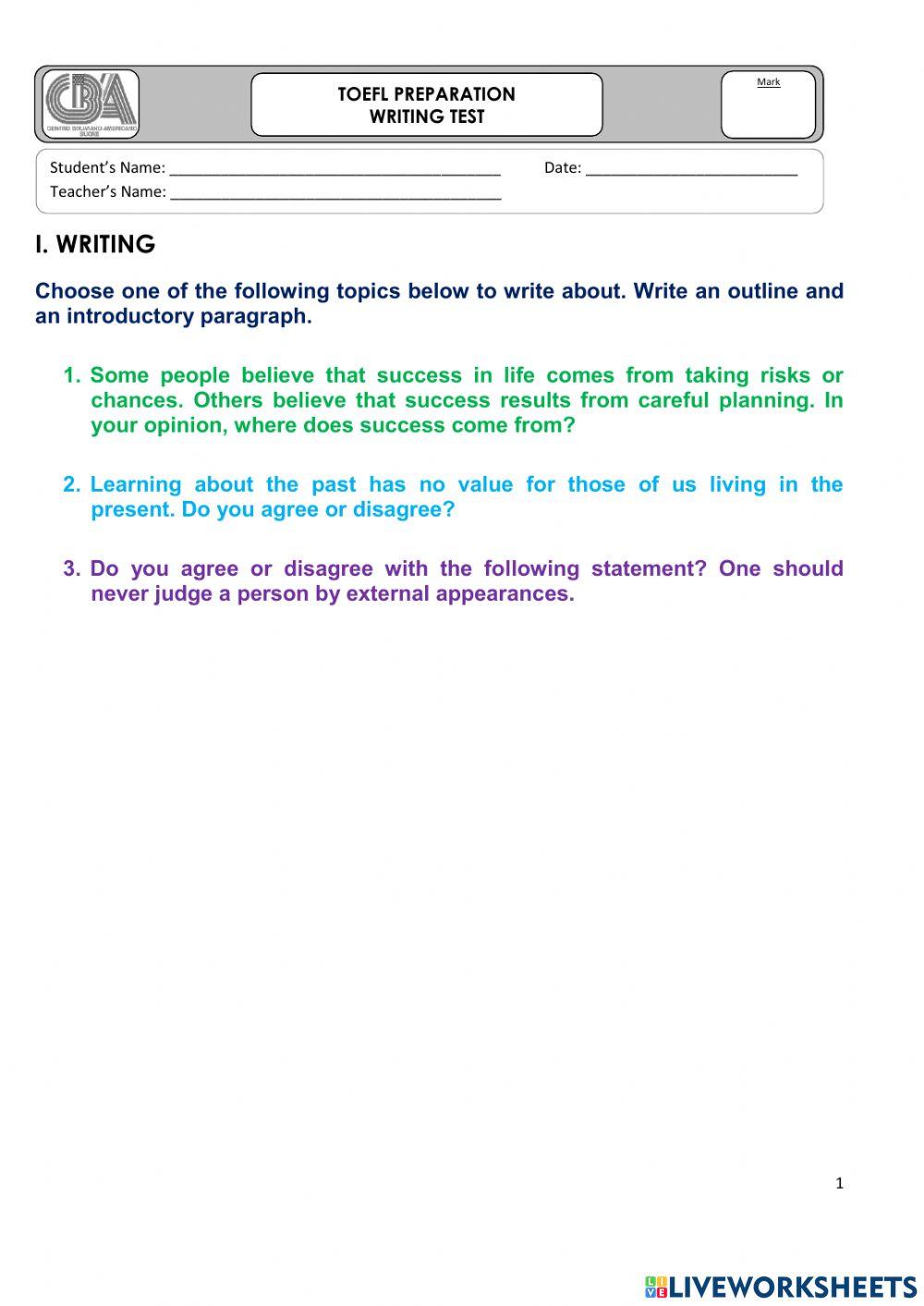 WRITING TEST - TOEFL 6548408 | CYNTHIA CRESPO CAMARGO