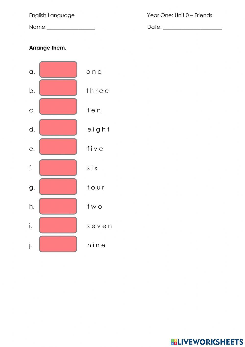 Arrange the number words worksheet | Live Worksheets