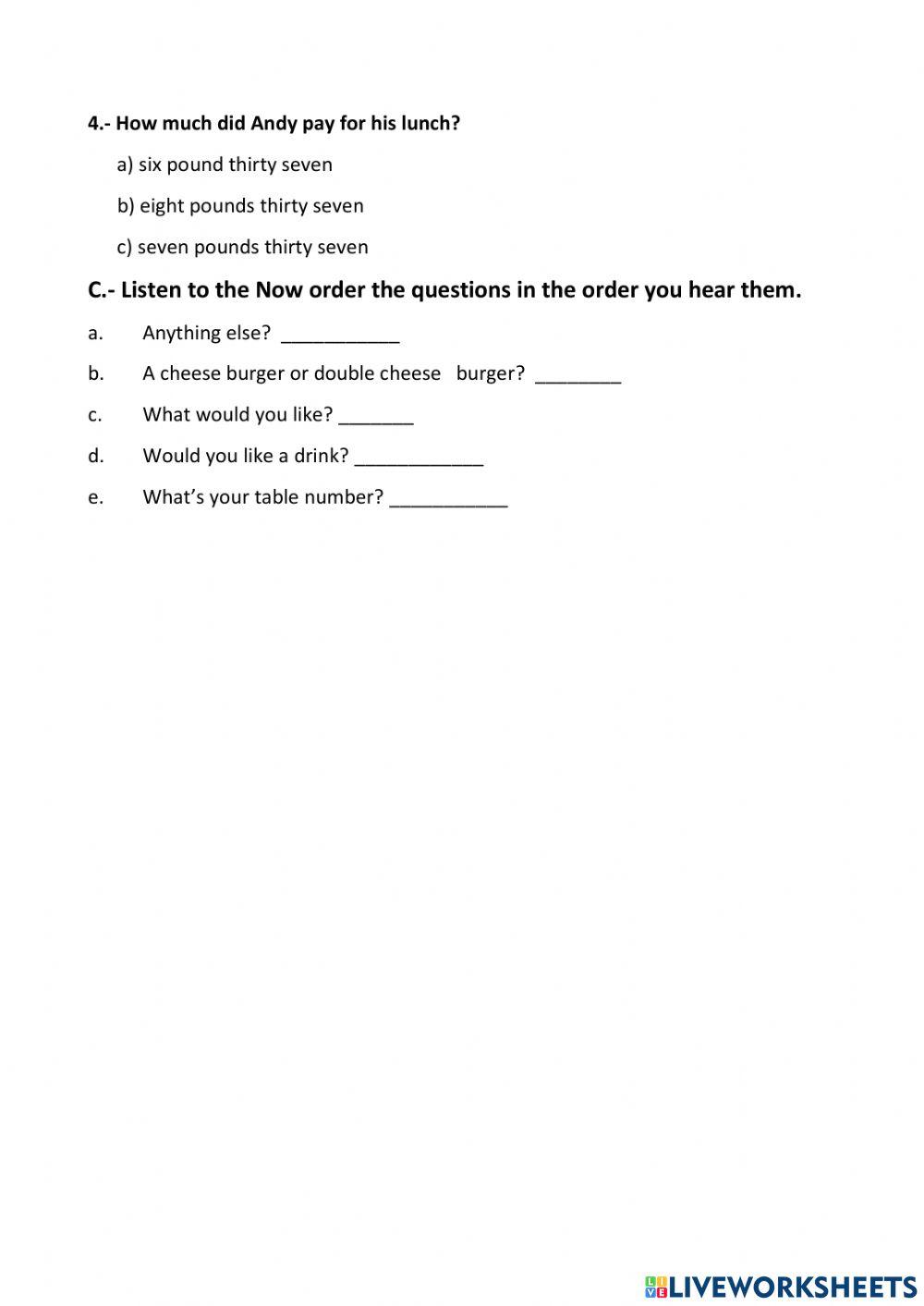 ORDERING FOOD online exercise for | Live Worksheets