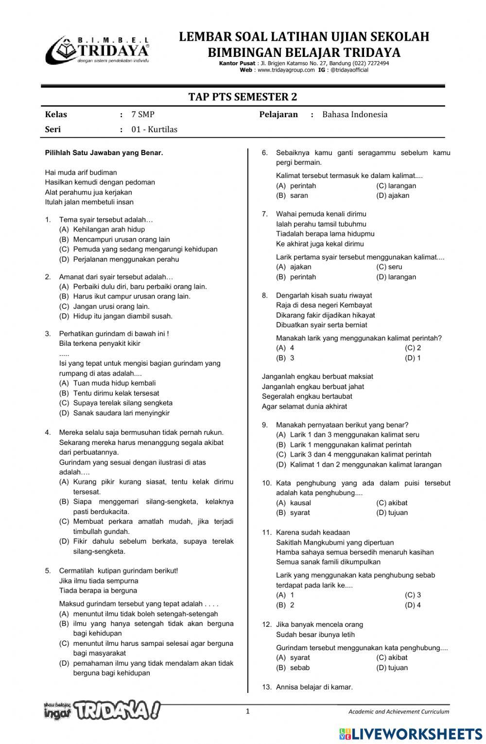 Tap PTS 2 Ind kls 7 | LiveWorksheets | 931250