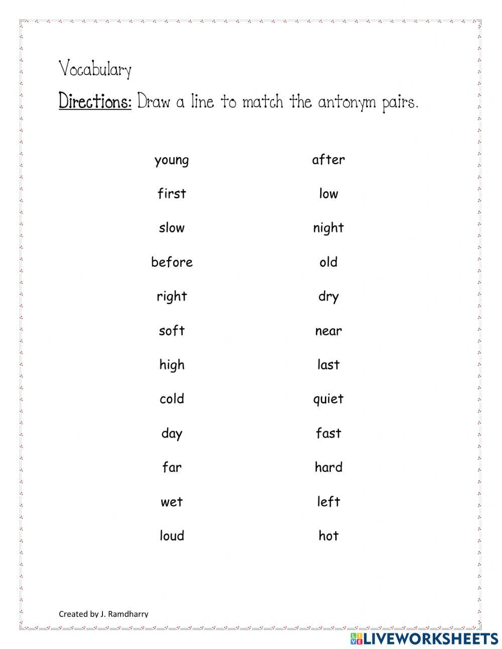 Antonyms interactive exercise for 2nd year/std 1 | Live Worksheets