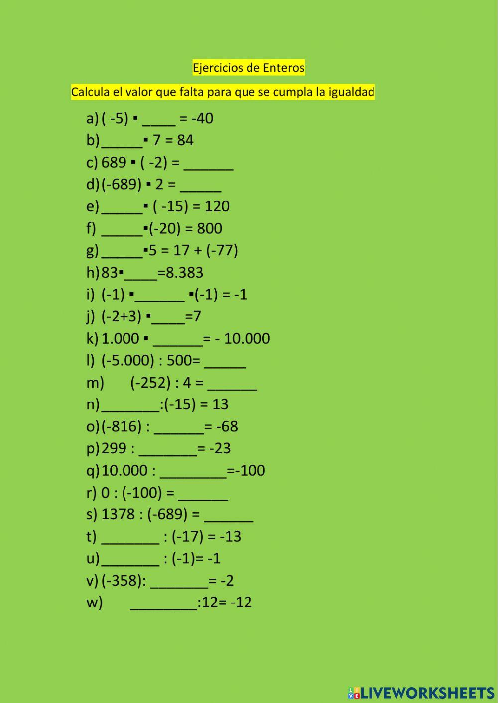 Enteros worksheet for 8 básico | Live Worksheets