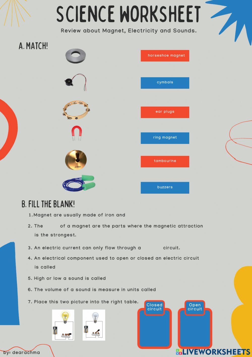 Review Magnet, Electricity and Sounds worksheet | Live Worksheets