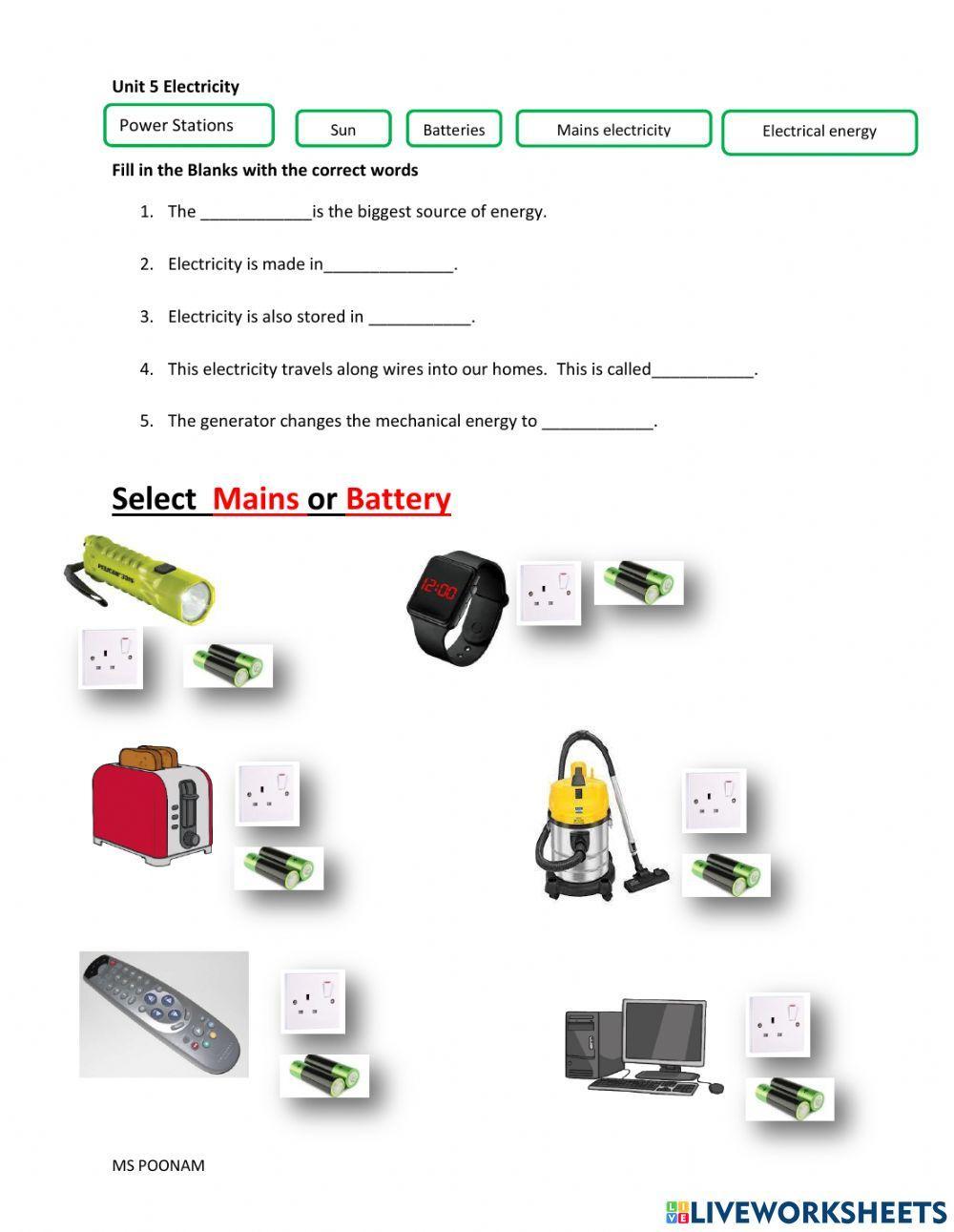 Electricity- ma… | Free Interactive Worksheets | 932798