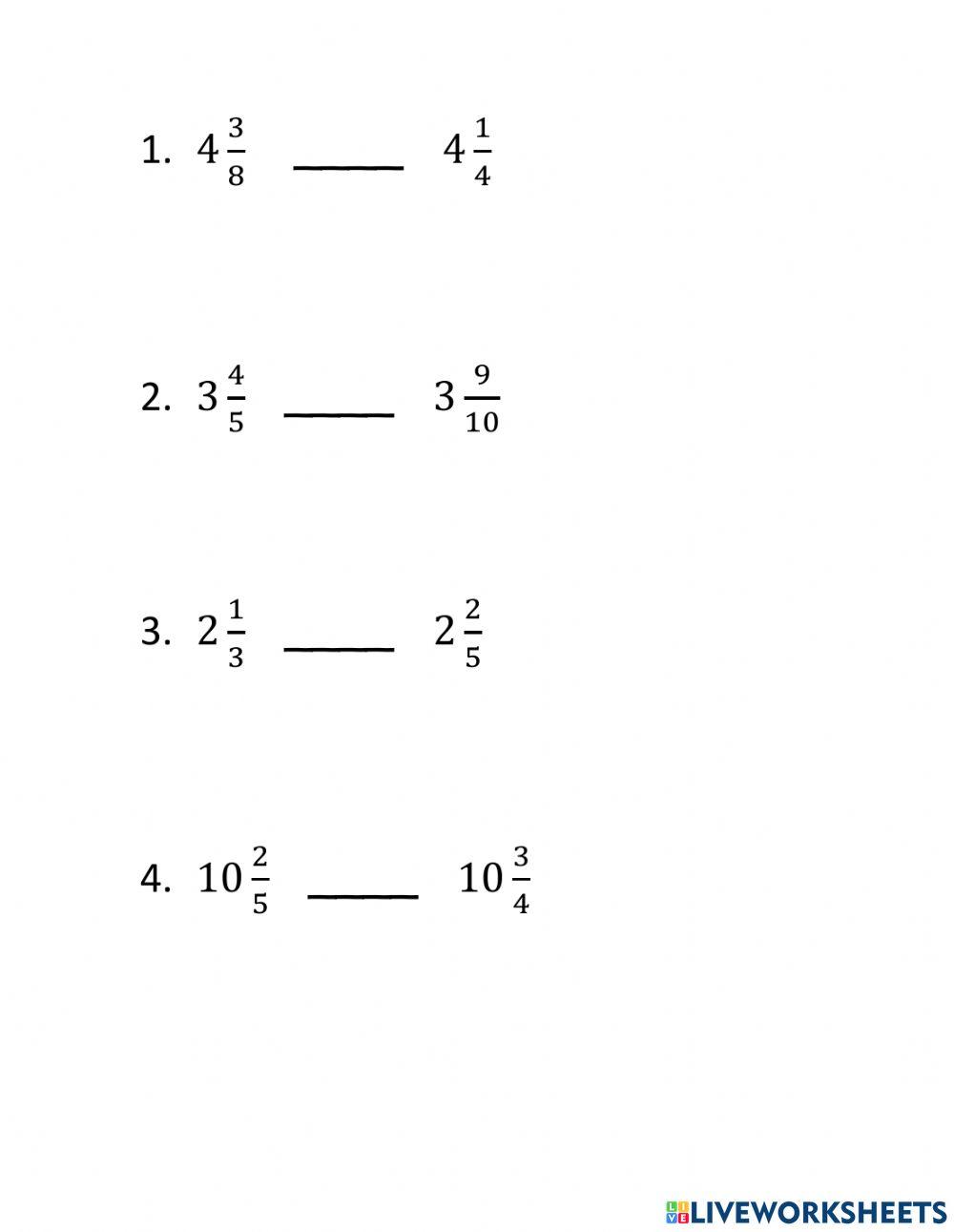 Comparing Fractions Mixed Numbers worksheet | Live Worksheets
