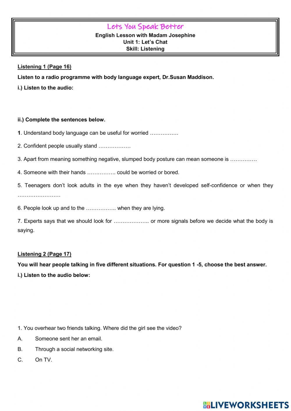 Unit 1:Listening (Form 4) online exercise for | Live Worksheets