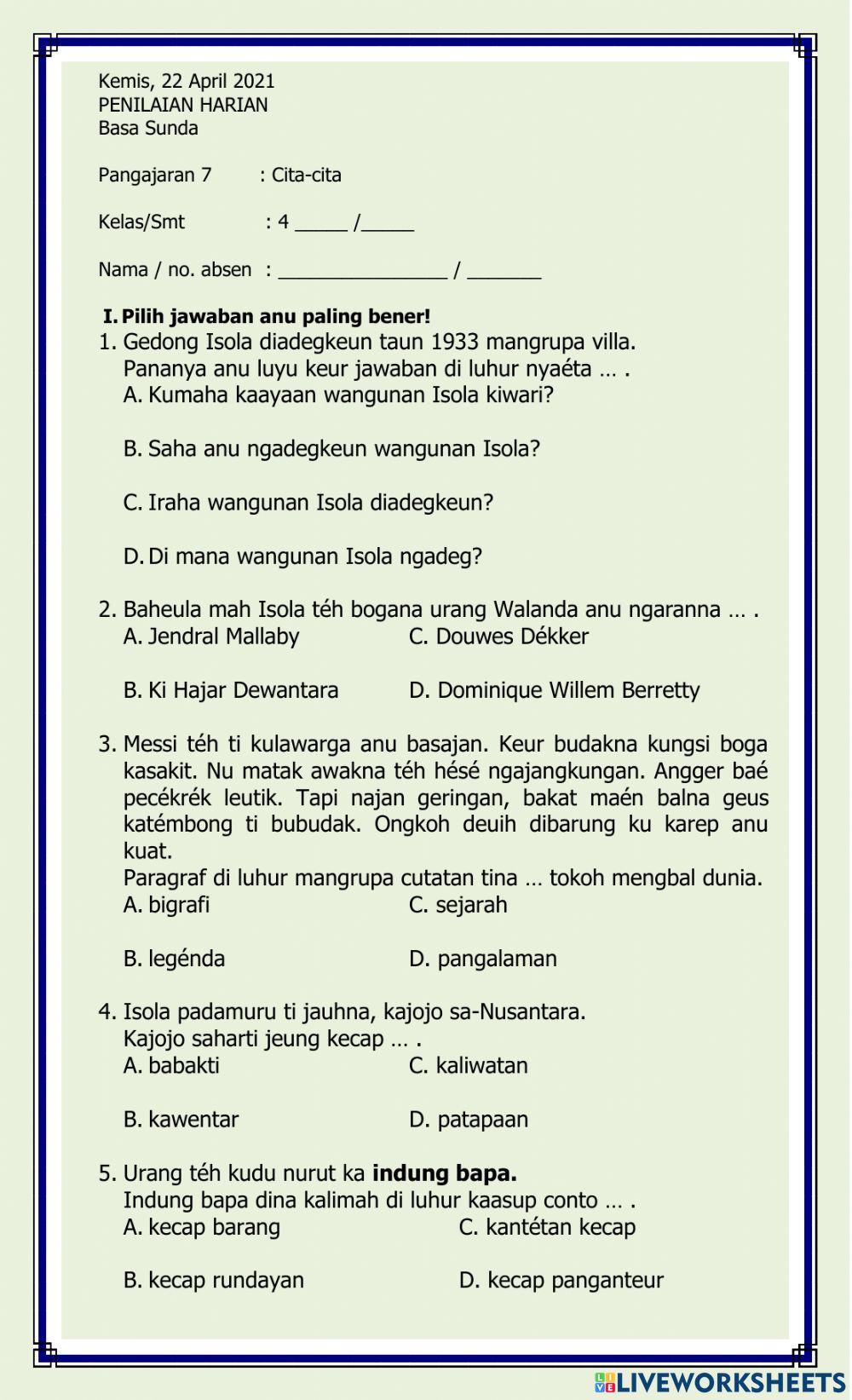 PENILAIAN HARIAN TEMA 7 Basa Sunda | emanuela erni