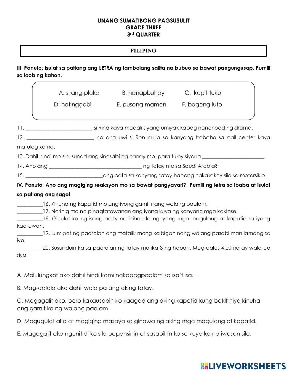 FILIPINO 3 (1ST SUMMATIVE TEST-PART 2) online exercise for | Live ...