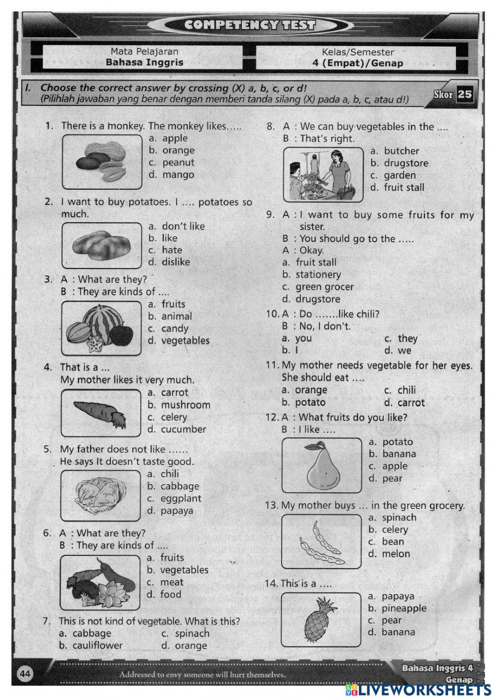 Competenct Test K4 Fruits and Vegetables worksheet | Live Worksheets