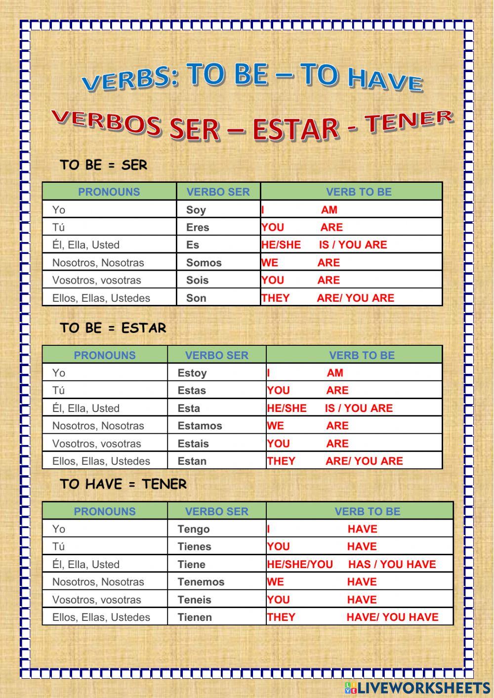 Verbos Ser Estar Tener Worksheet Live Worksheets