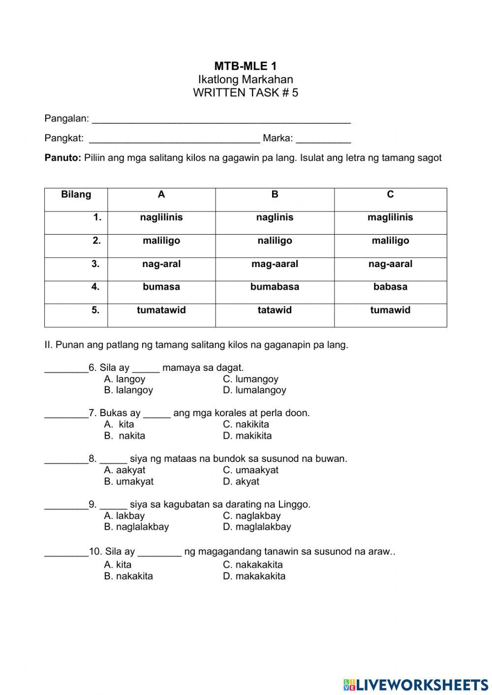 Mtb wt-5 3q worksheet | Live Worksheets