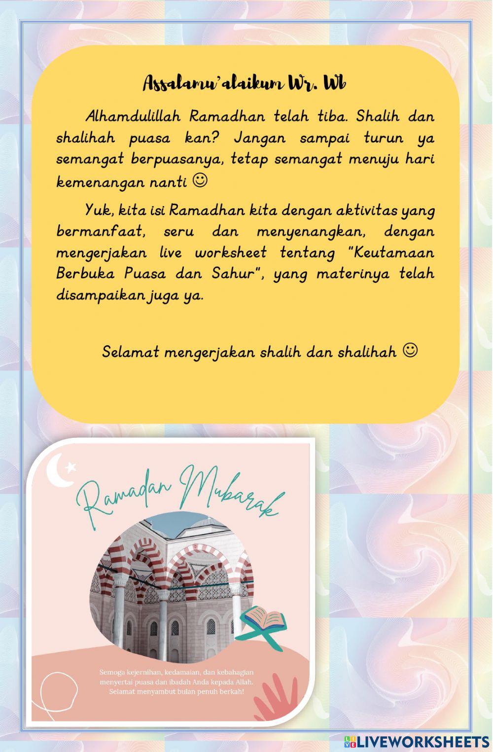 Worksheet Keutamaan Berbuka Puasa dan Sahur worksheet | Live Worksheets