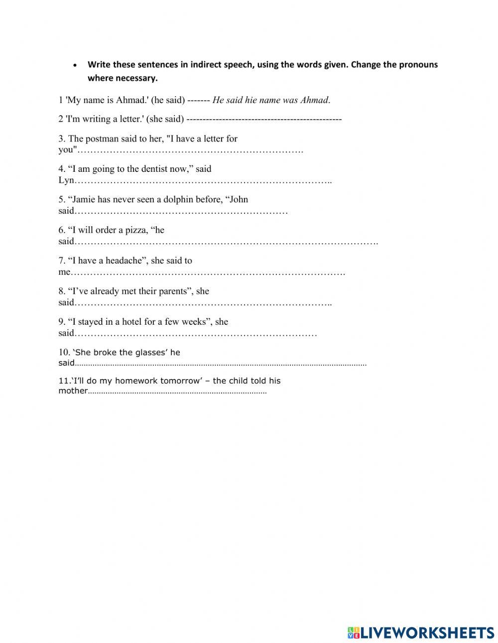My reported Speech Grade 10 online exercise for | Live Worksheets