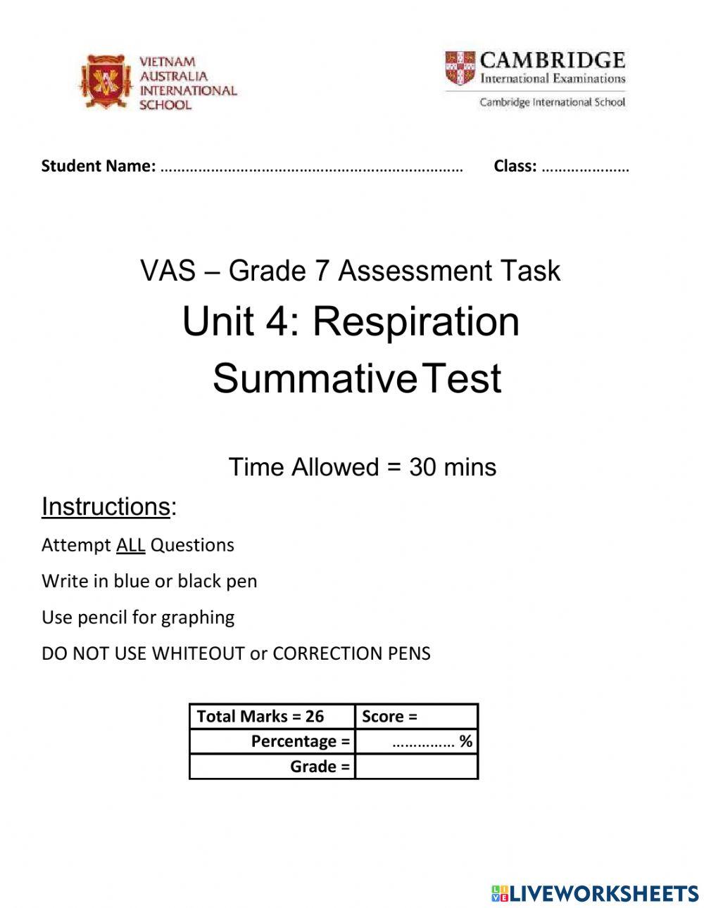 Unit 1 Respirat… | Free Interactive Worksheets | 4973486