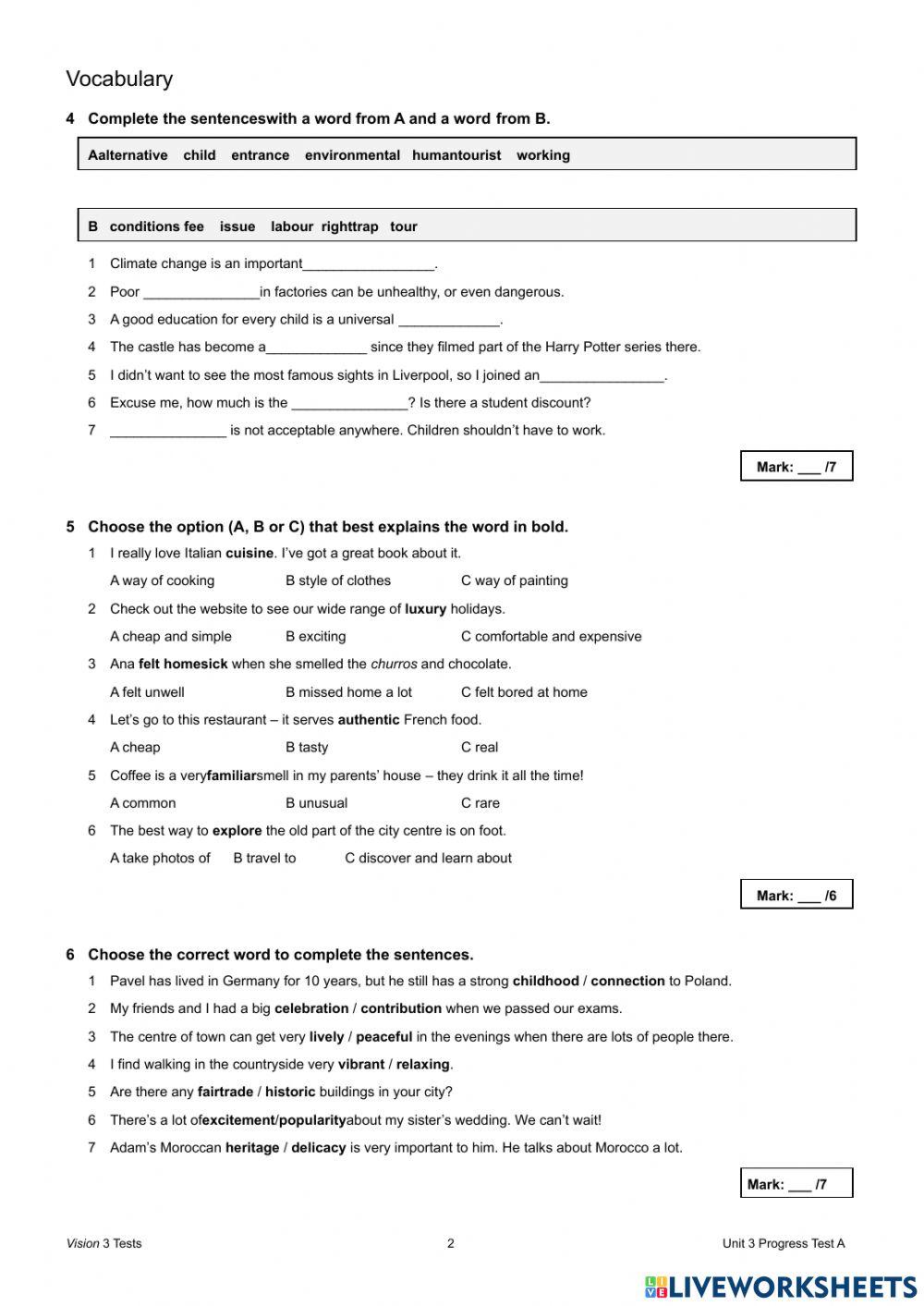 Vision 3, unit 3 | Free Interactive Worksheets | 935274