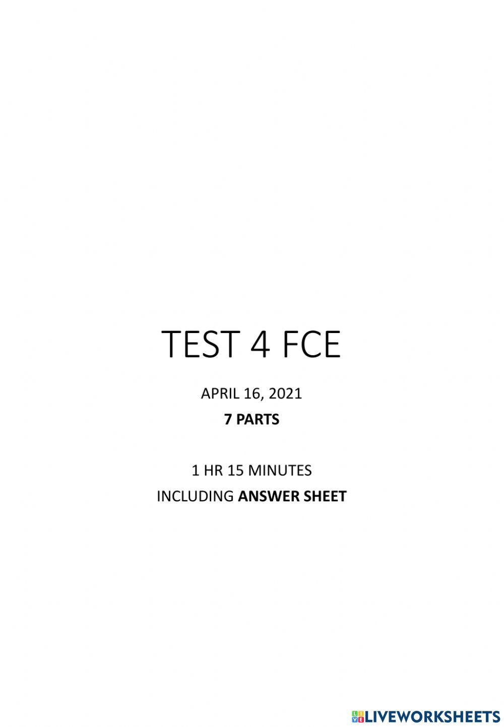 FCE PRACTISE TEST 4 APRIL 17 2021 online exercise for | Live Worksheets