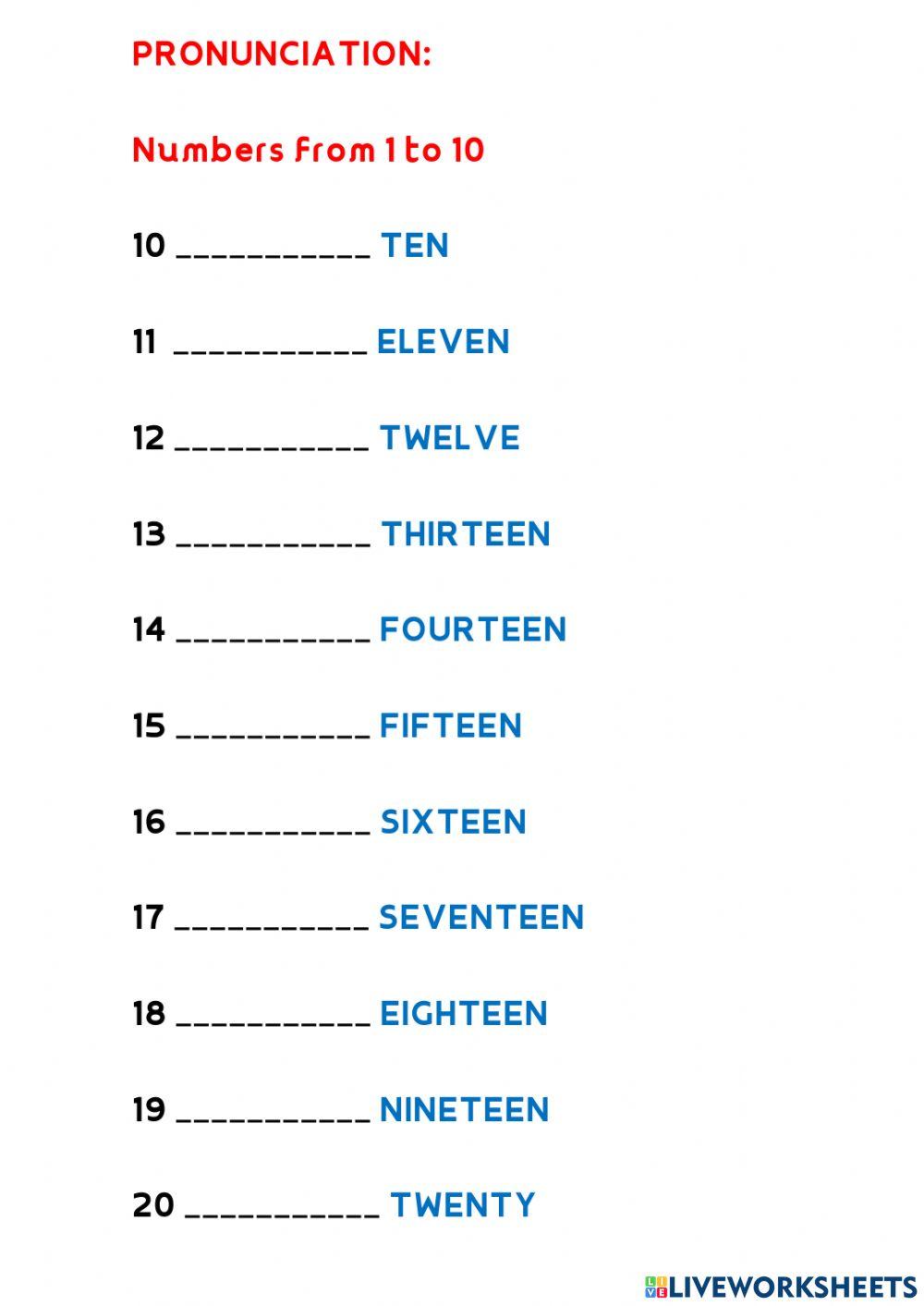 1st AD NUMBERS 10-20 Pronunciation Practice 6552175