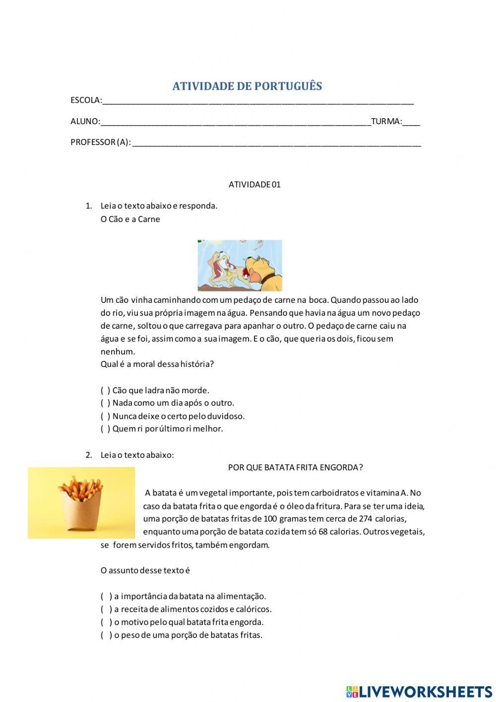 Interpretação textual Língua portuguesa worksheet | Live Worksheets