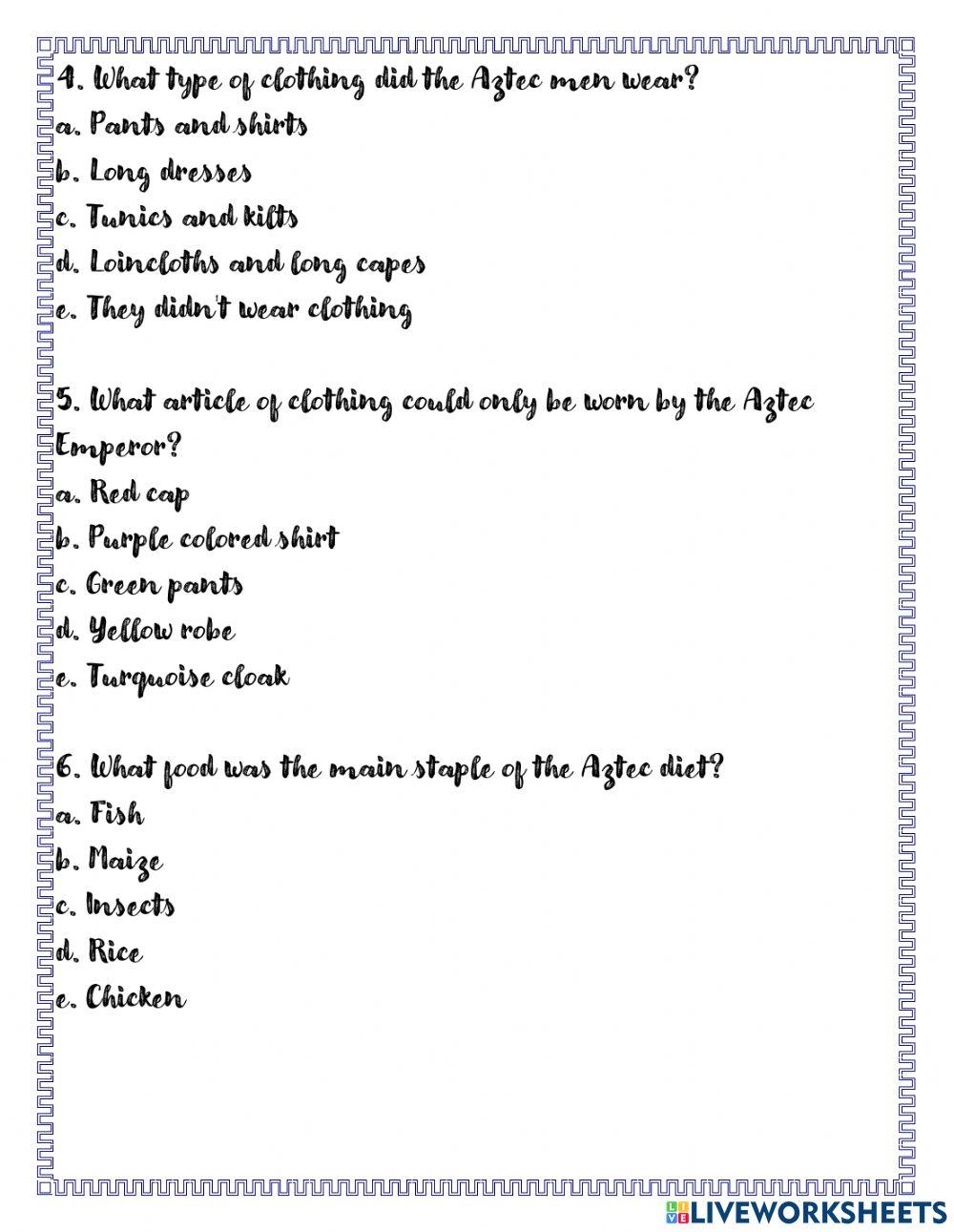 Aztec- daily li… | Free Interactive Worksheets | 937782