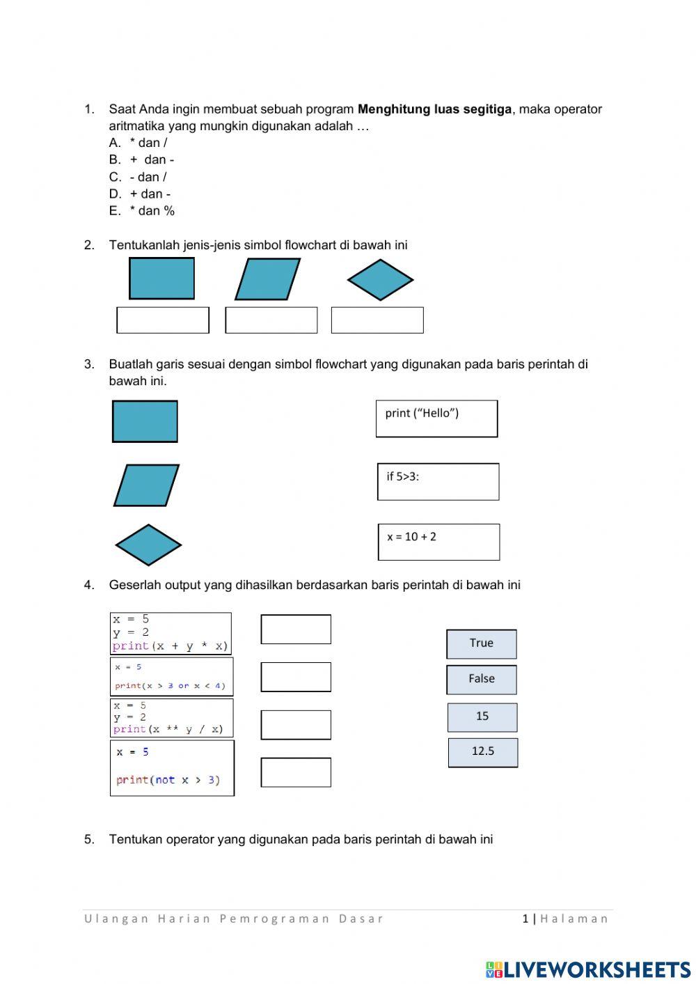 Ulangan Pemrograman Dasar worksheet | Live Worksheets