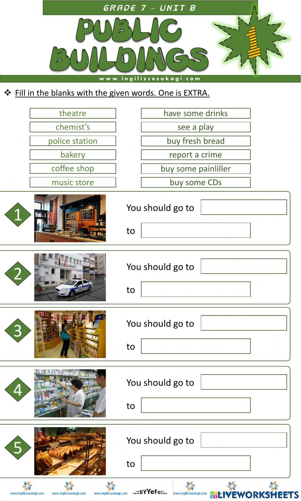 Public Buildings online worksheet for Grade 7 | Live Worksheets