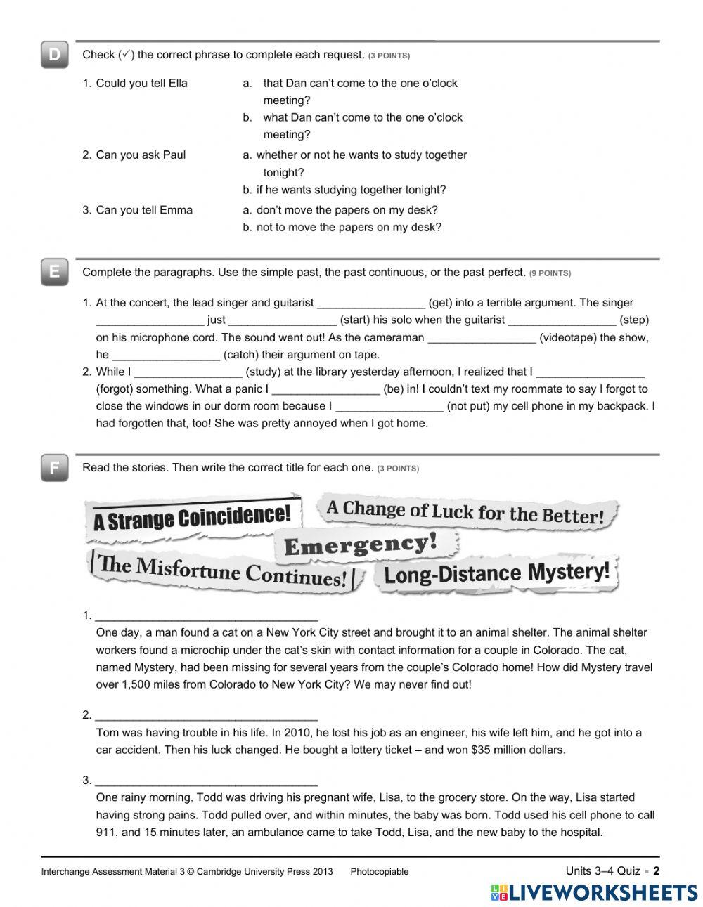 Quiz Interchange 3 Units 3-4 4976174 | Alfredo Leon