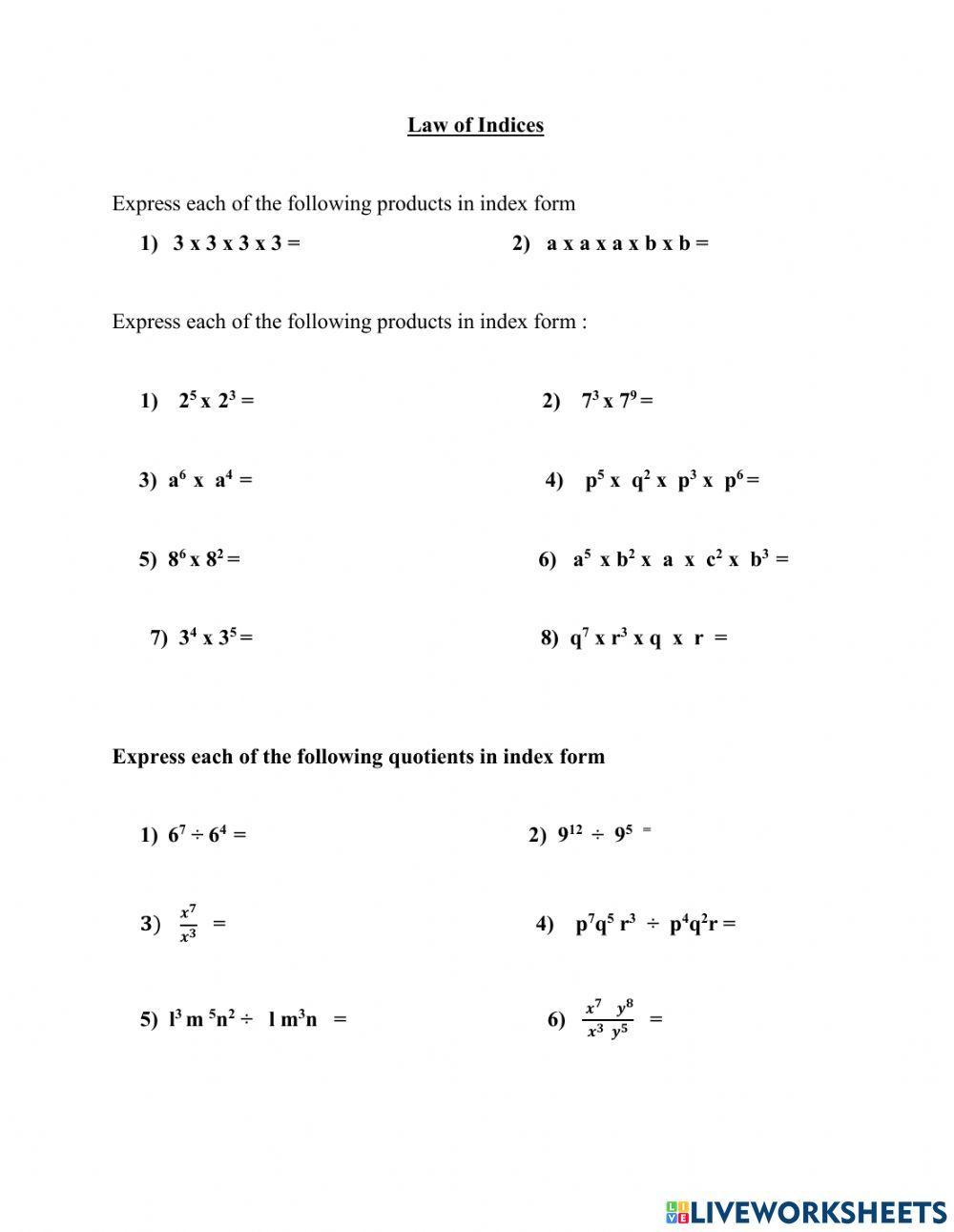 Laws Of Indices Interactive Worksheet Live Worksheets, 57% OFF Laws Of Indices Interactive Worksheet Live Worksheets, 57% OFF