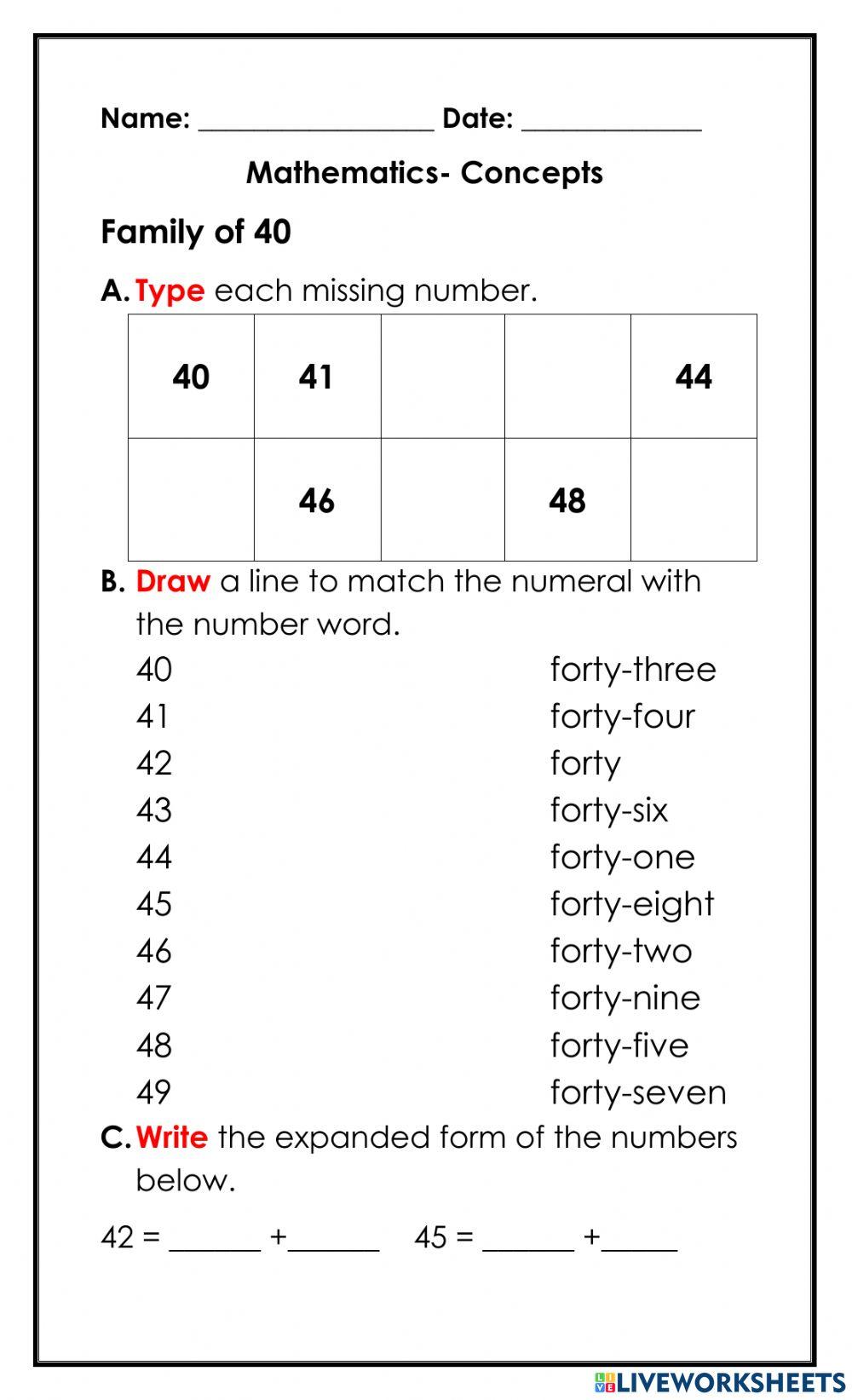 Family of 40 worksheet | Live Worksheets