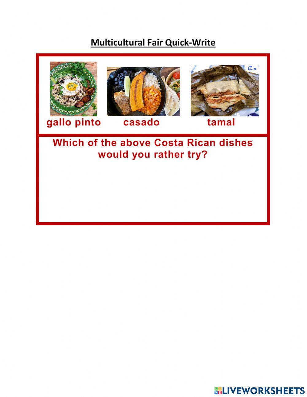 Quick Write - costa rican dish worksheet | Live Worksheets