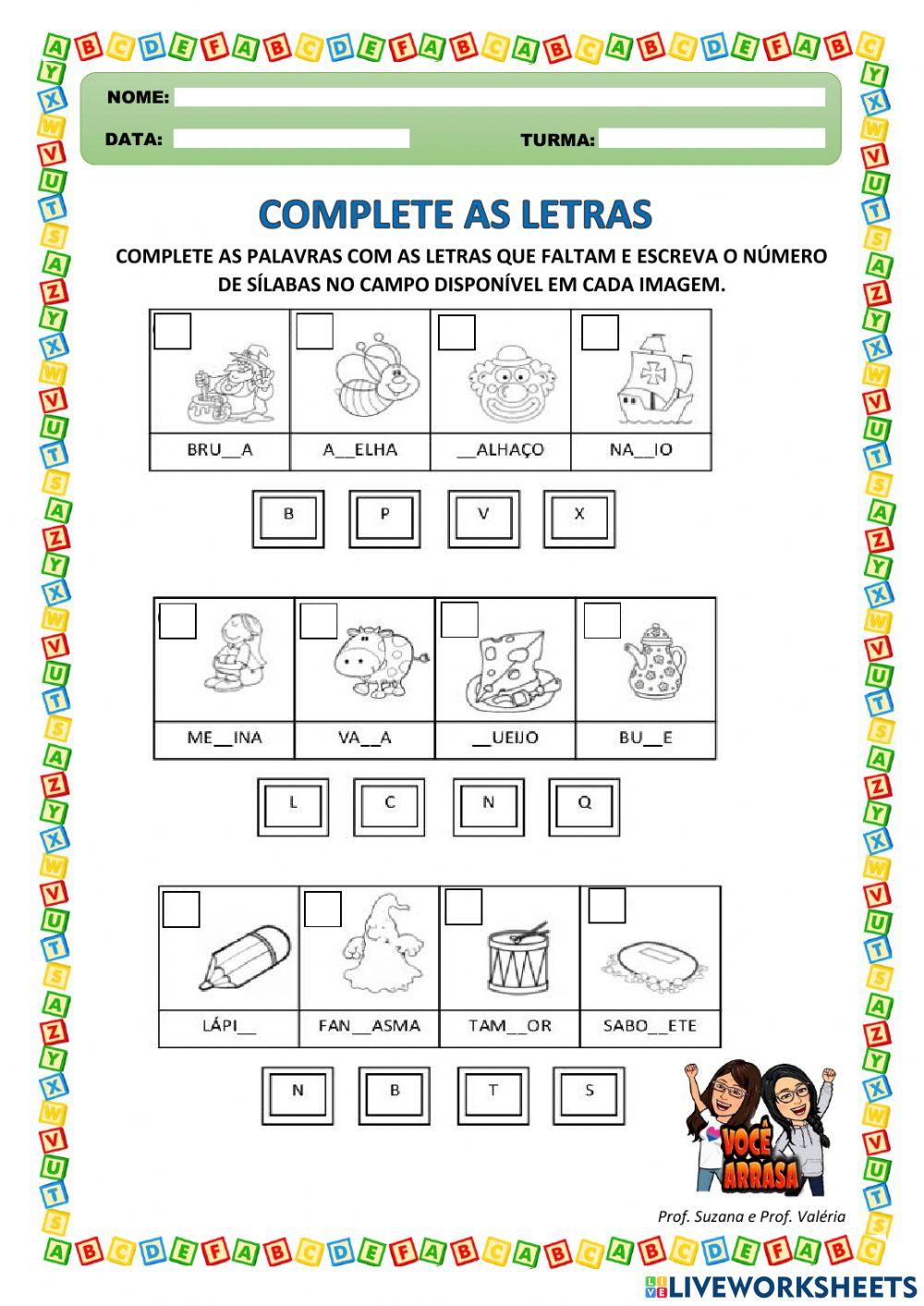 Complete as Letras worksheet | Live Worksheets