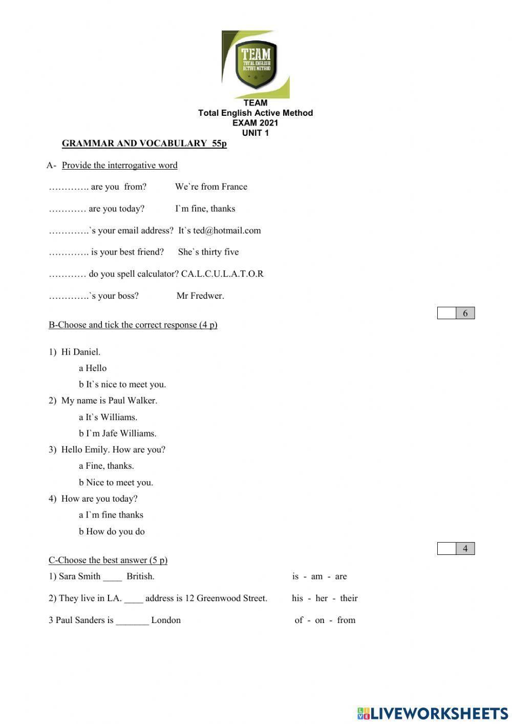 Exam Unit 1 Lev… | Free Interactive Worksheets | 2978546