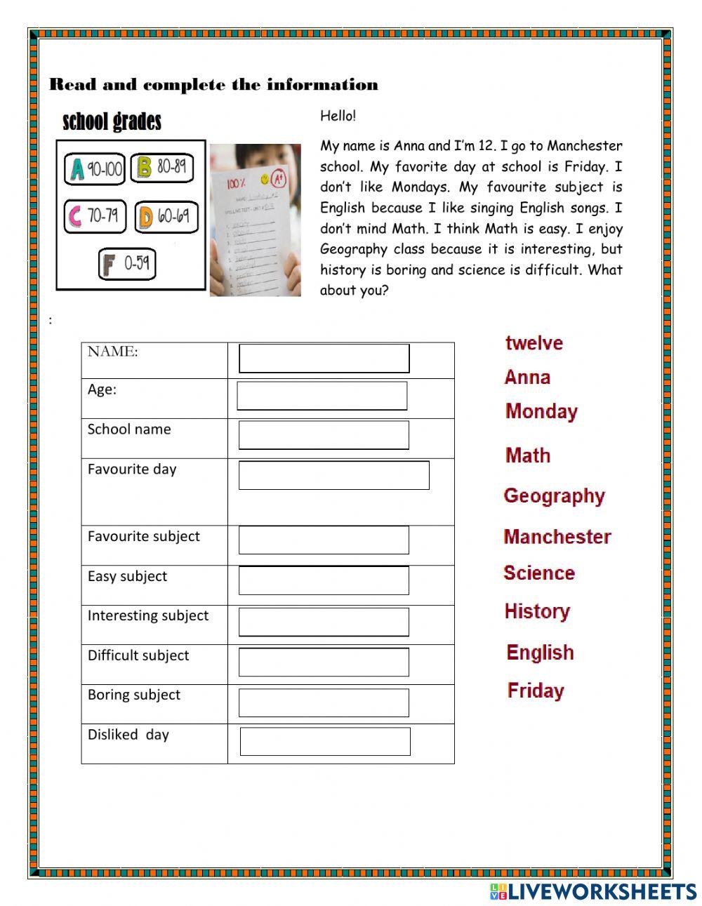 MY FAVORITE SUB… | Free Interactive Worksheets | 6554772