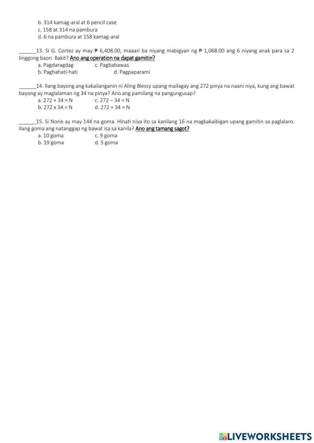 Math 3 - Quarter 2 Summative Test worksheet | Live Worksheets