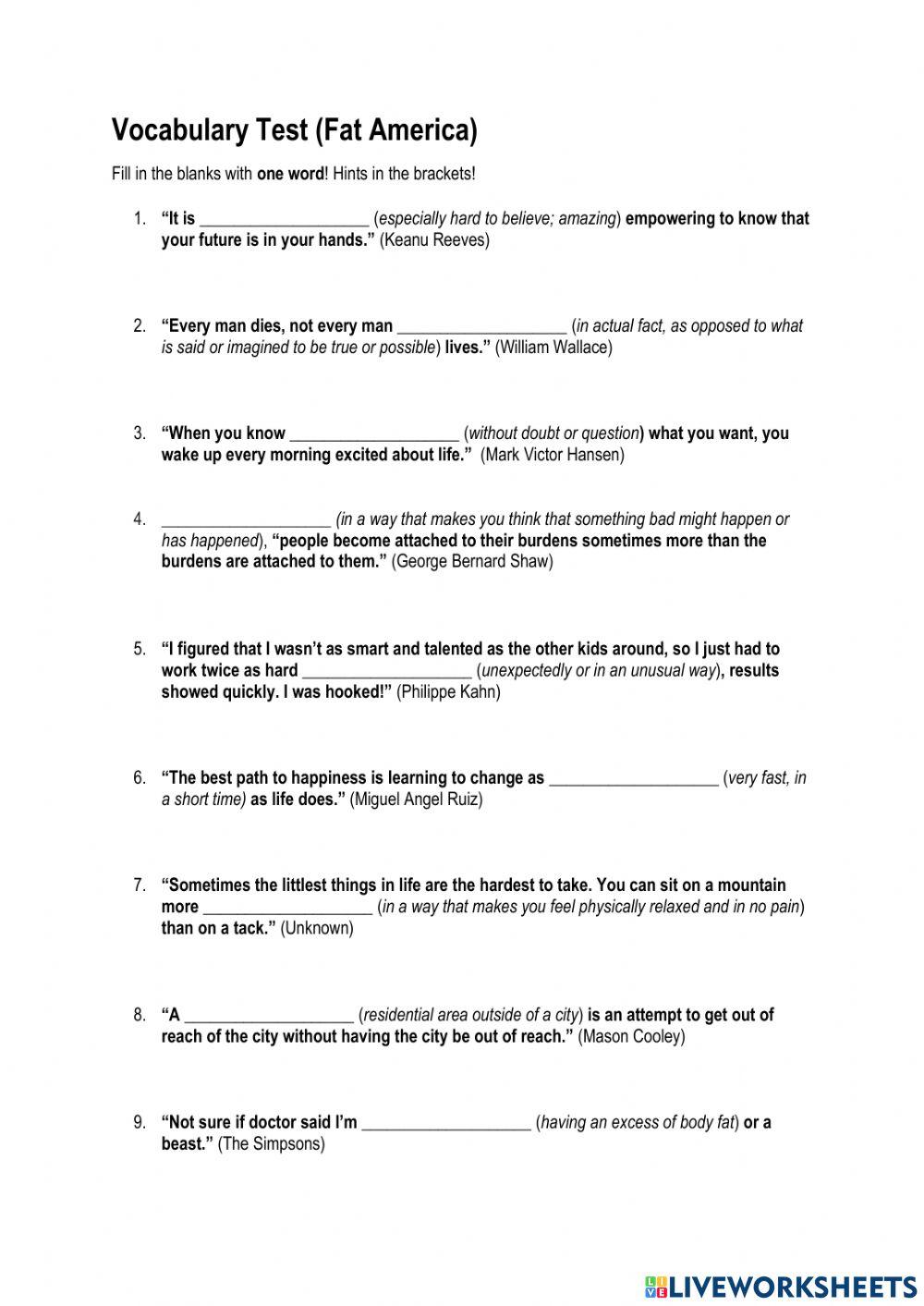 Insight-U3-Vocabulary Test (Fat America) worksheet | Live Worksheets