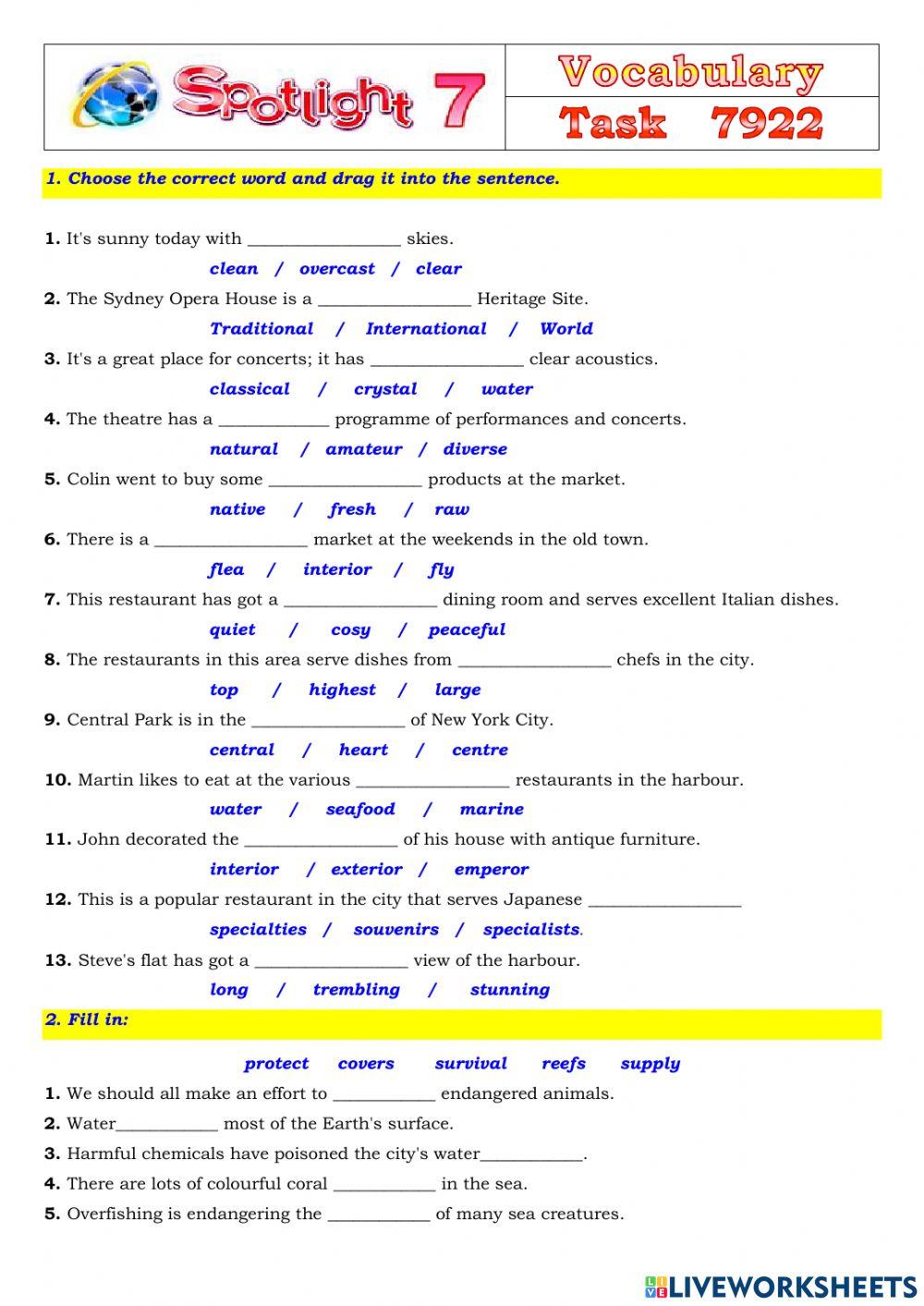 Spotlight 7 Task 7922 worksheet | Live Worksheets