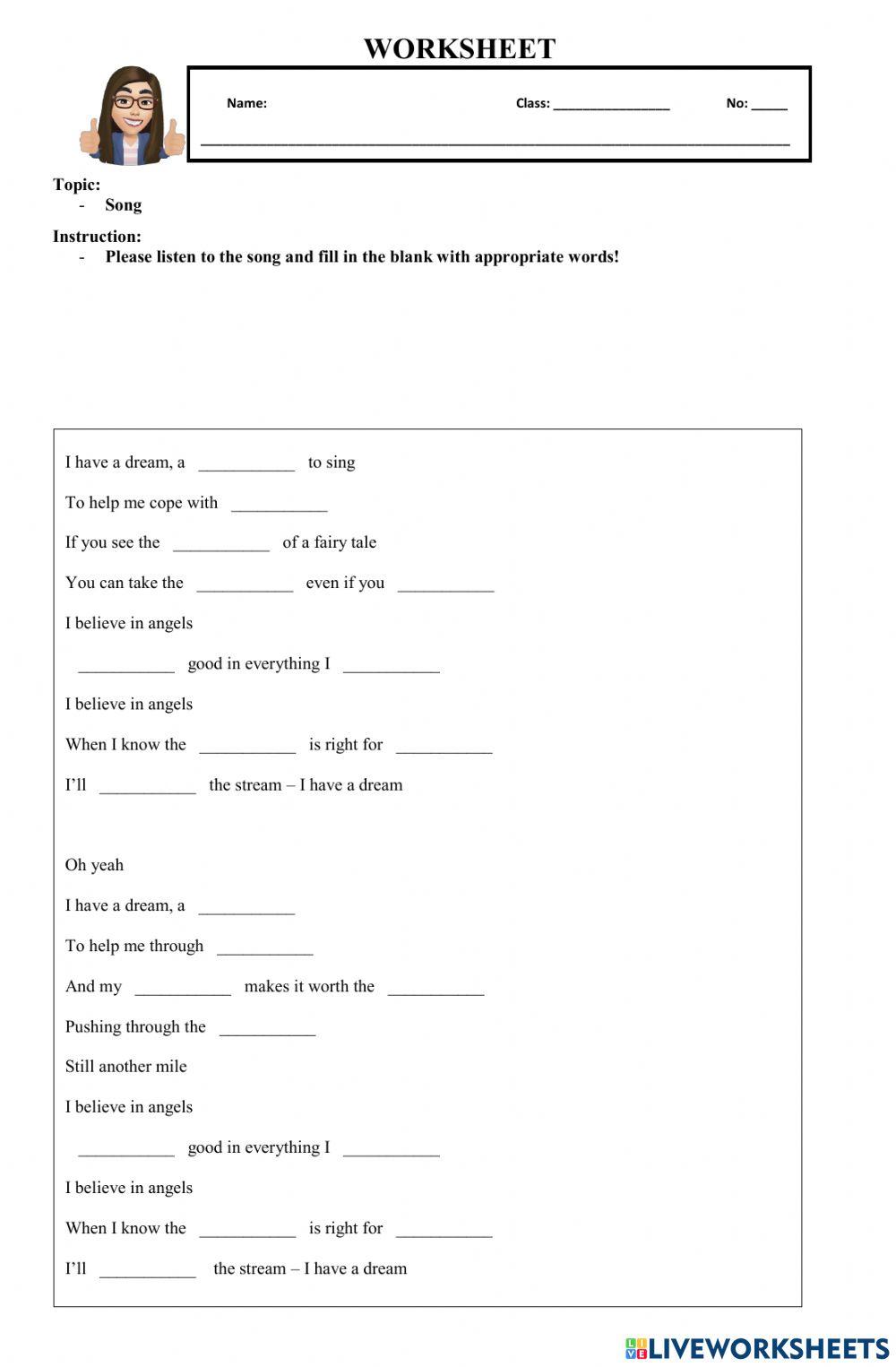 Song online exercise for Grade 7 | Live Worksheets