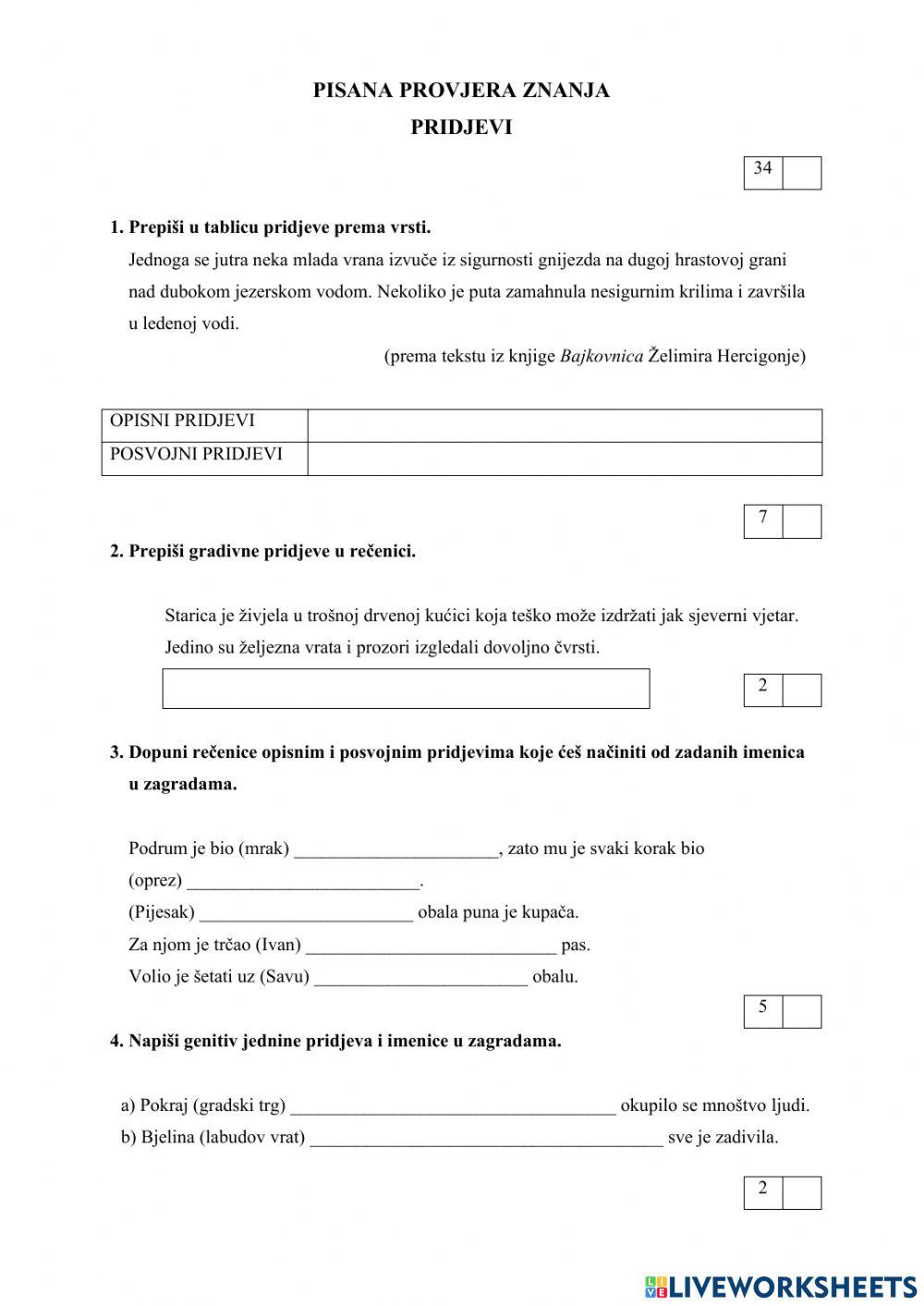 Pridjevi A - pr… | Free Interactive Worksheets | 6555879