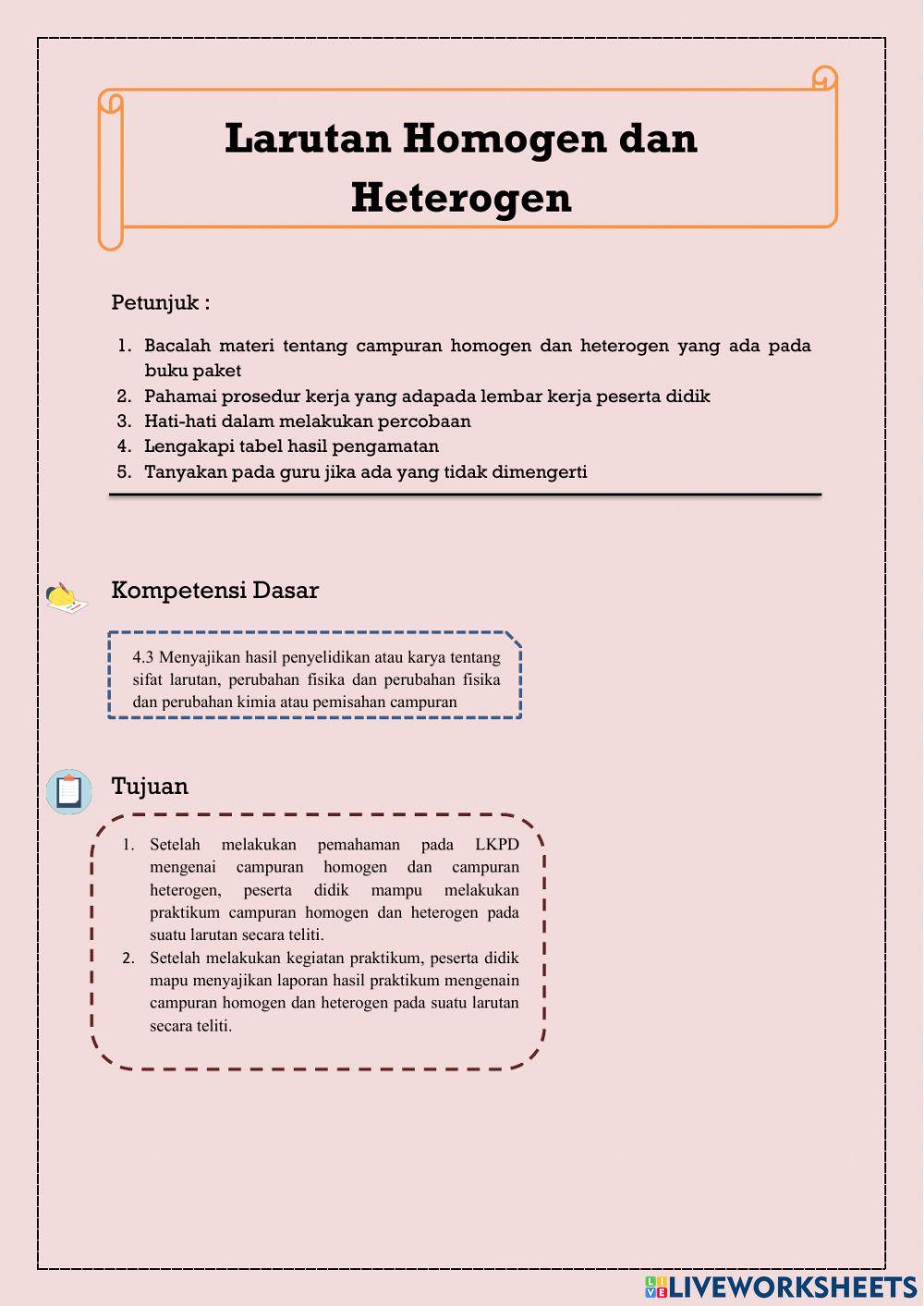 Larutan homogen dan heterogen worksheet | Live Worksheets