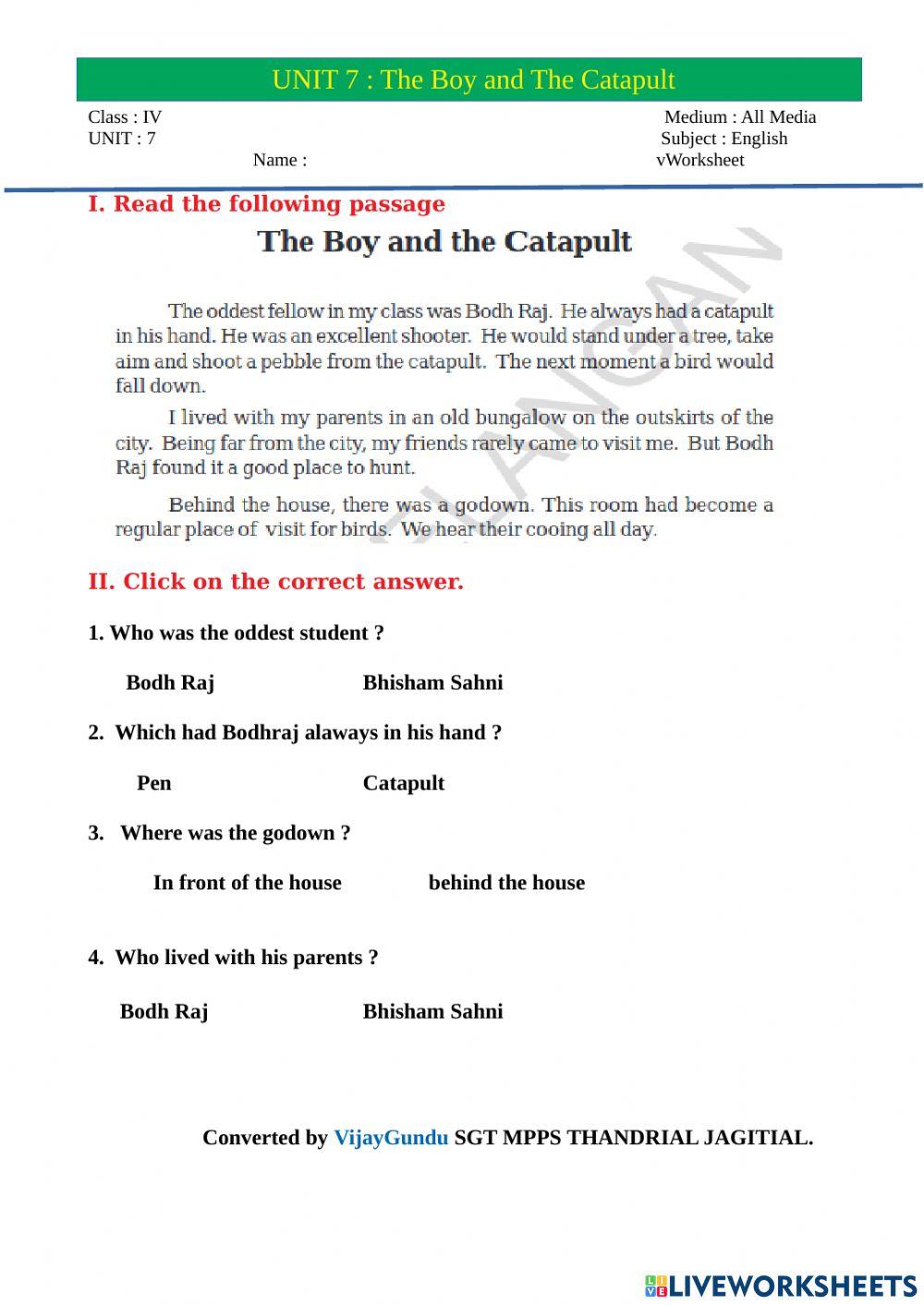 4th eng the boy and the catupult A reading 1 by Vijay Gundu worksheet | Live Worksheets