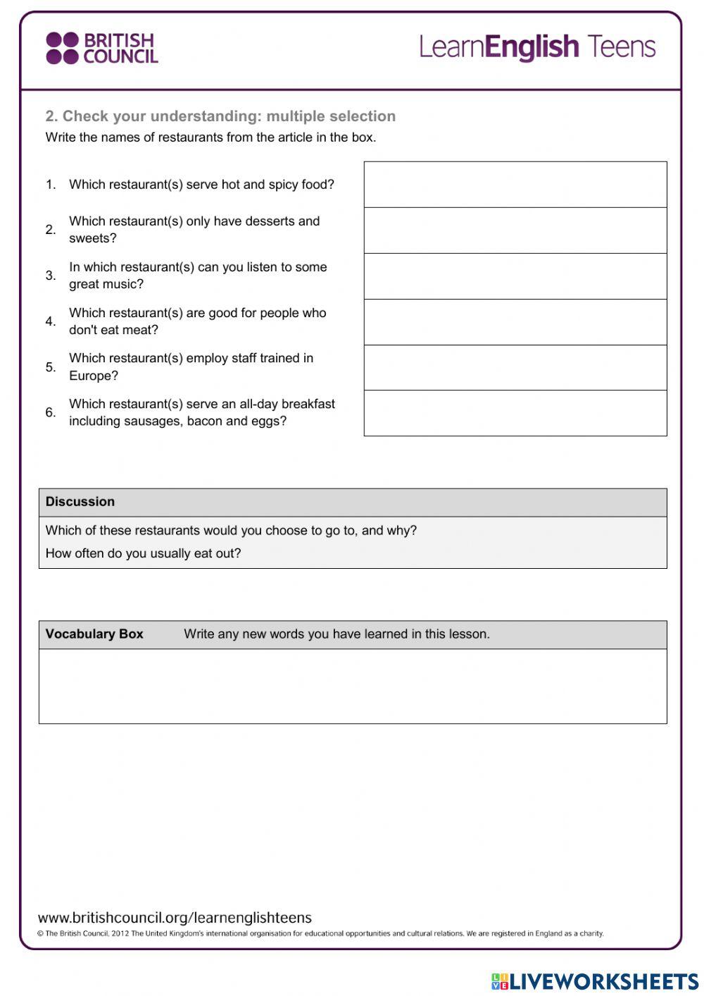 Food and restau… | Free Interactive Worksheets | 6555978