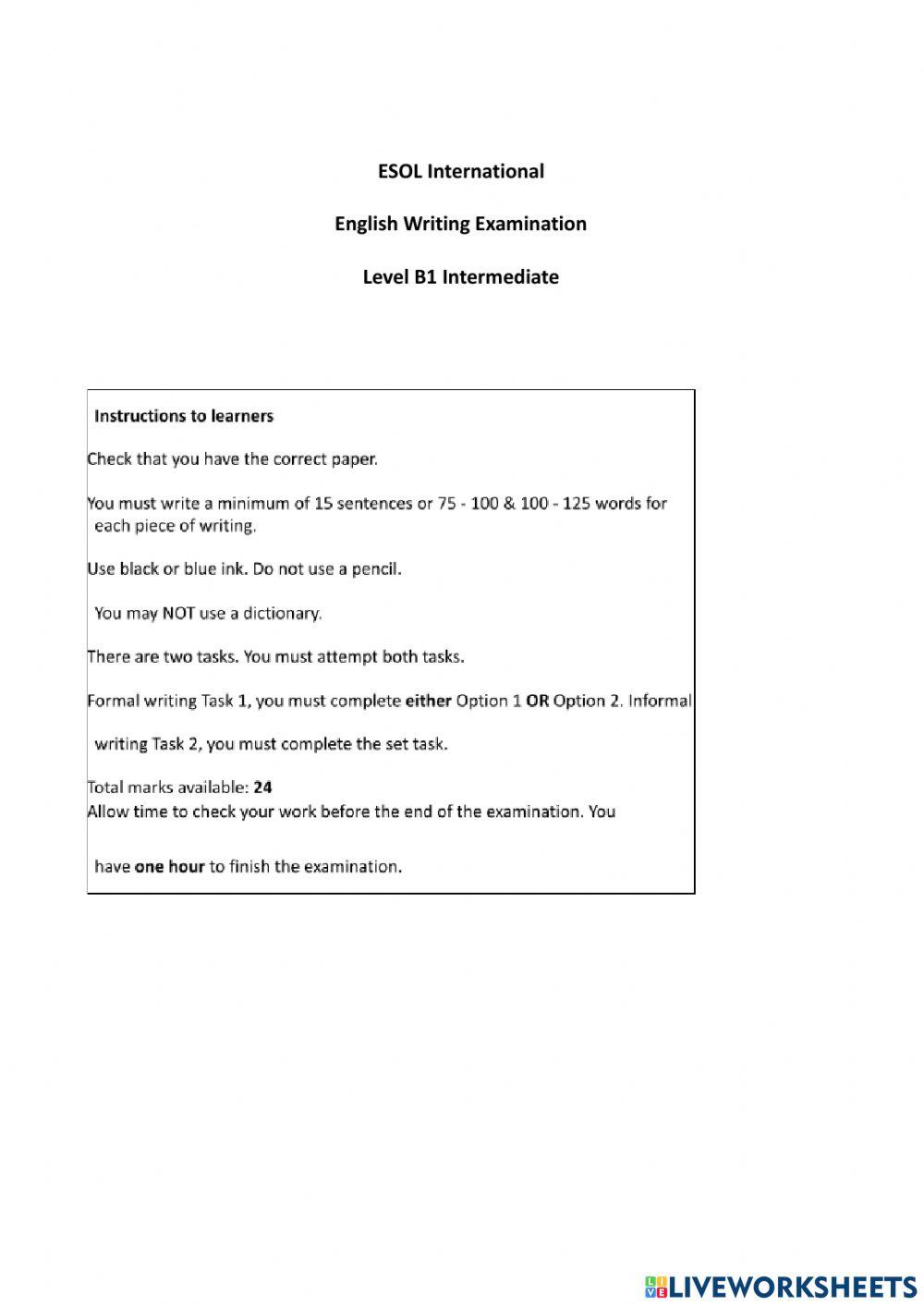 Nocn B1 Winter 2019 (Writing) worksheet | Live Worksheets