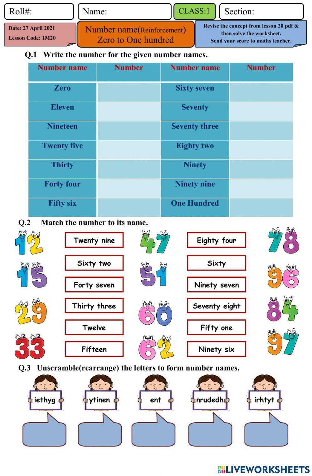 Reinforcement (Number name: Zero to One hundred) online exercise for ...
