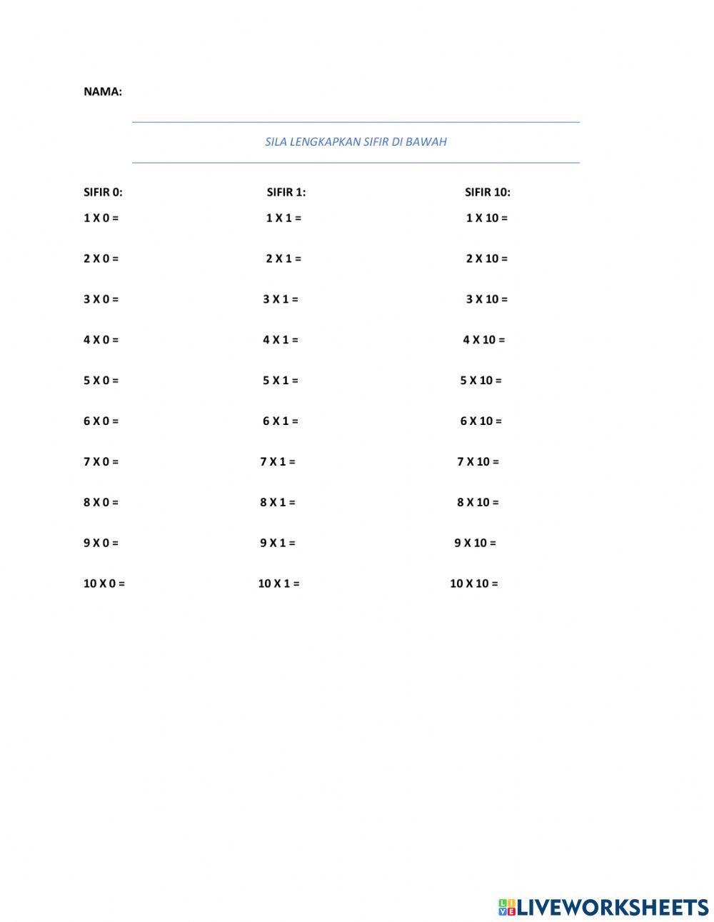 Sifir 0, sifir 1 dan sifir 10 worksheet | Live Worksheets
