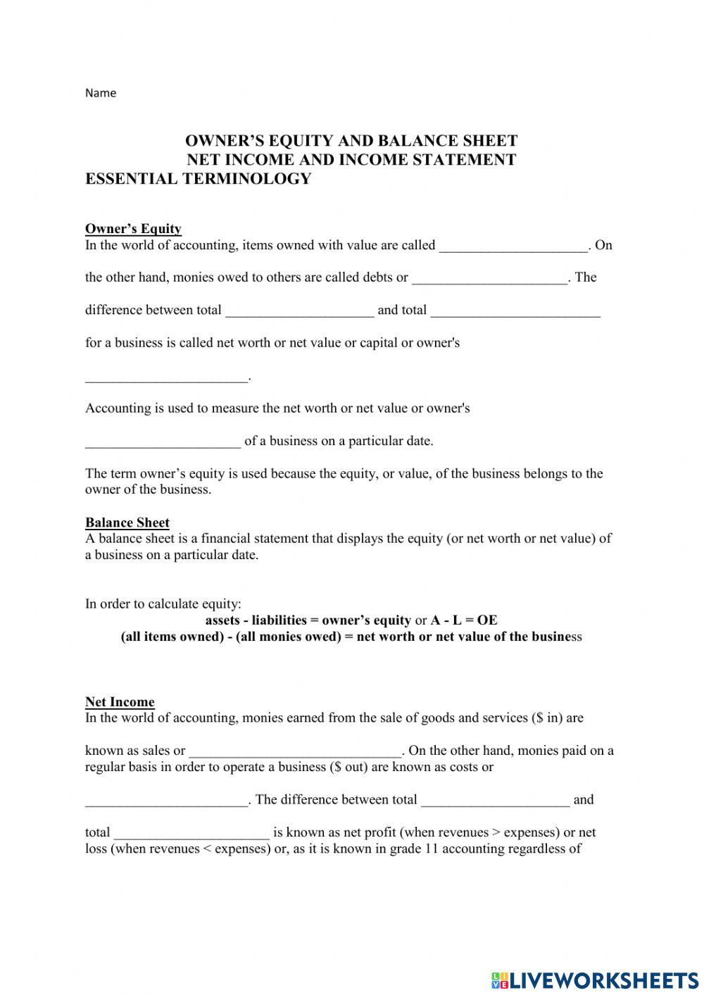 Owner’s equity … | Free Interactive Worksheets | 943919